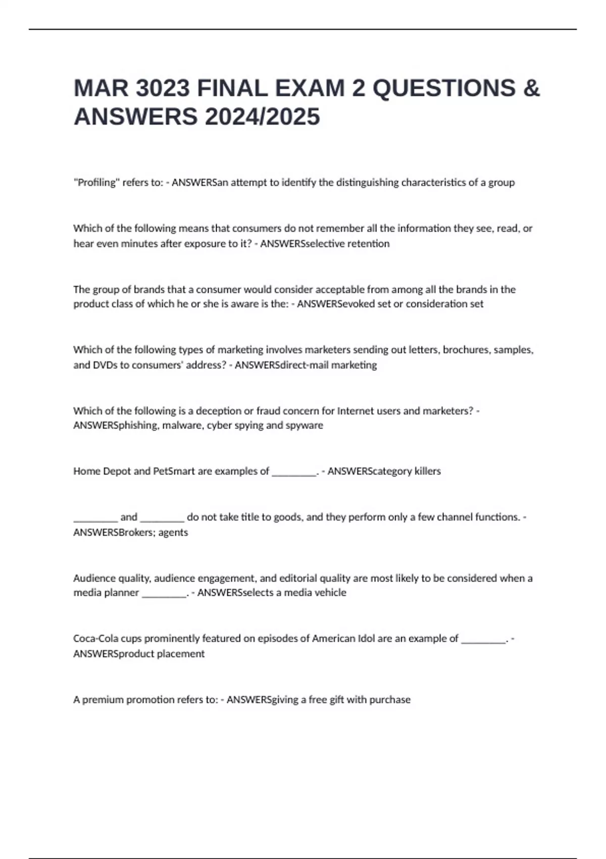 MAR 3023 FINAL EXAM 2 QUESTIONS & ANSWERS 2024/2025 - MAR 3023 - Stuvia US