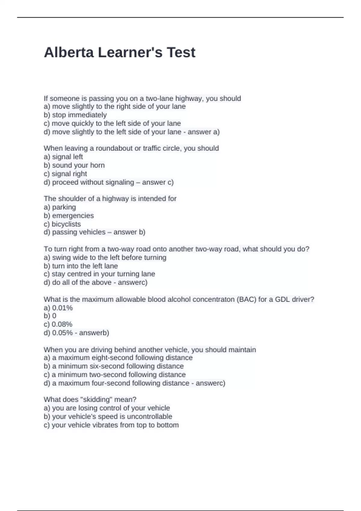 Alberta Learner's Test Questions and Answers Fully Solved - Alberta ...