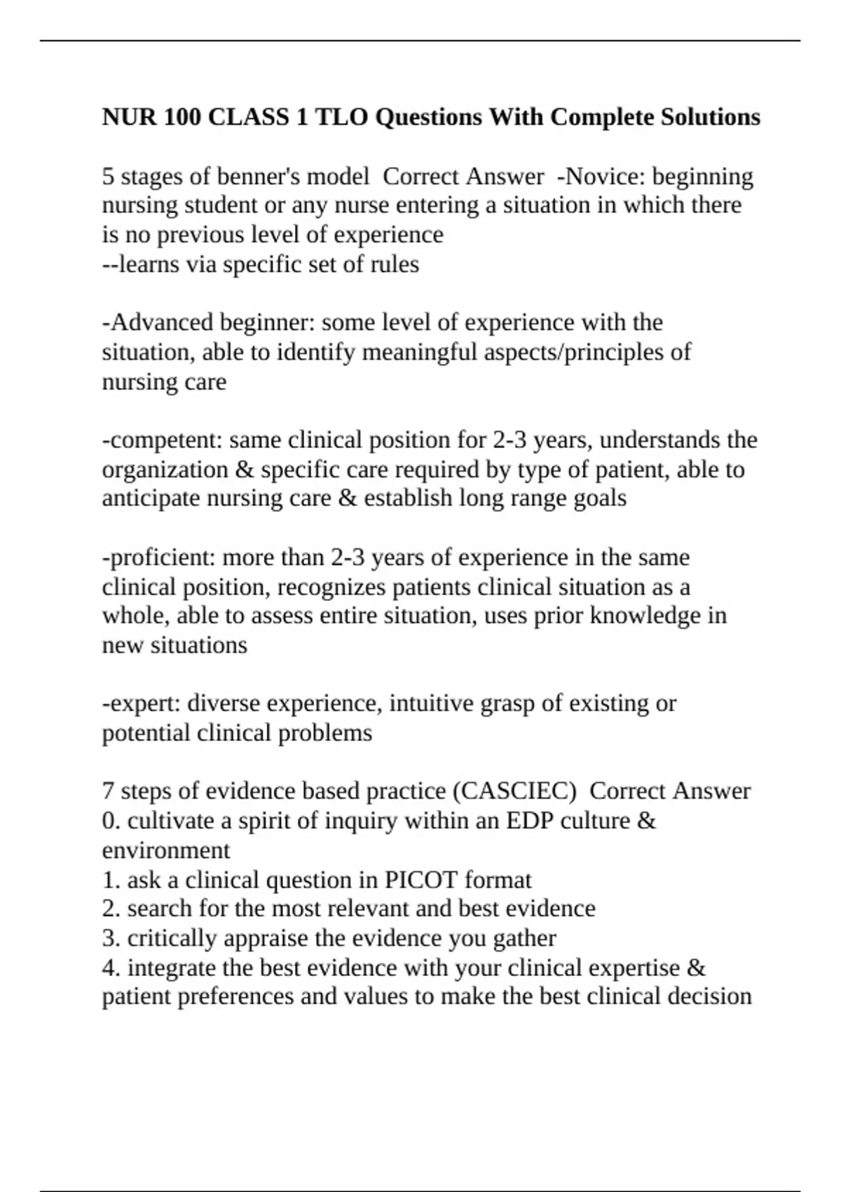 NUR 100 CLASS 1 TLO Questions With Complete Solutions - NUR 100 - Stuvia US