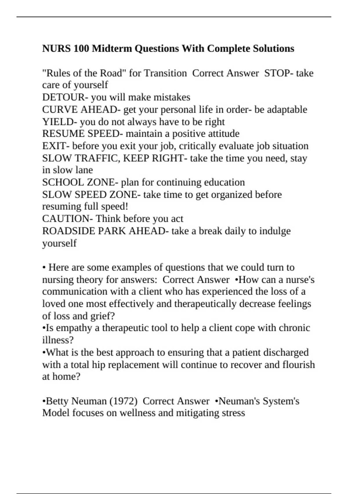 NURS 100 Midterm Questions With Complete Solutions - NURS 100 - Stuvia US