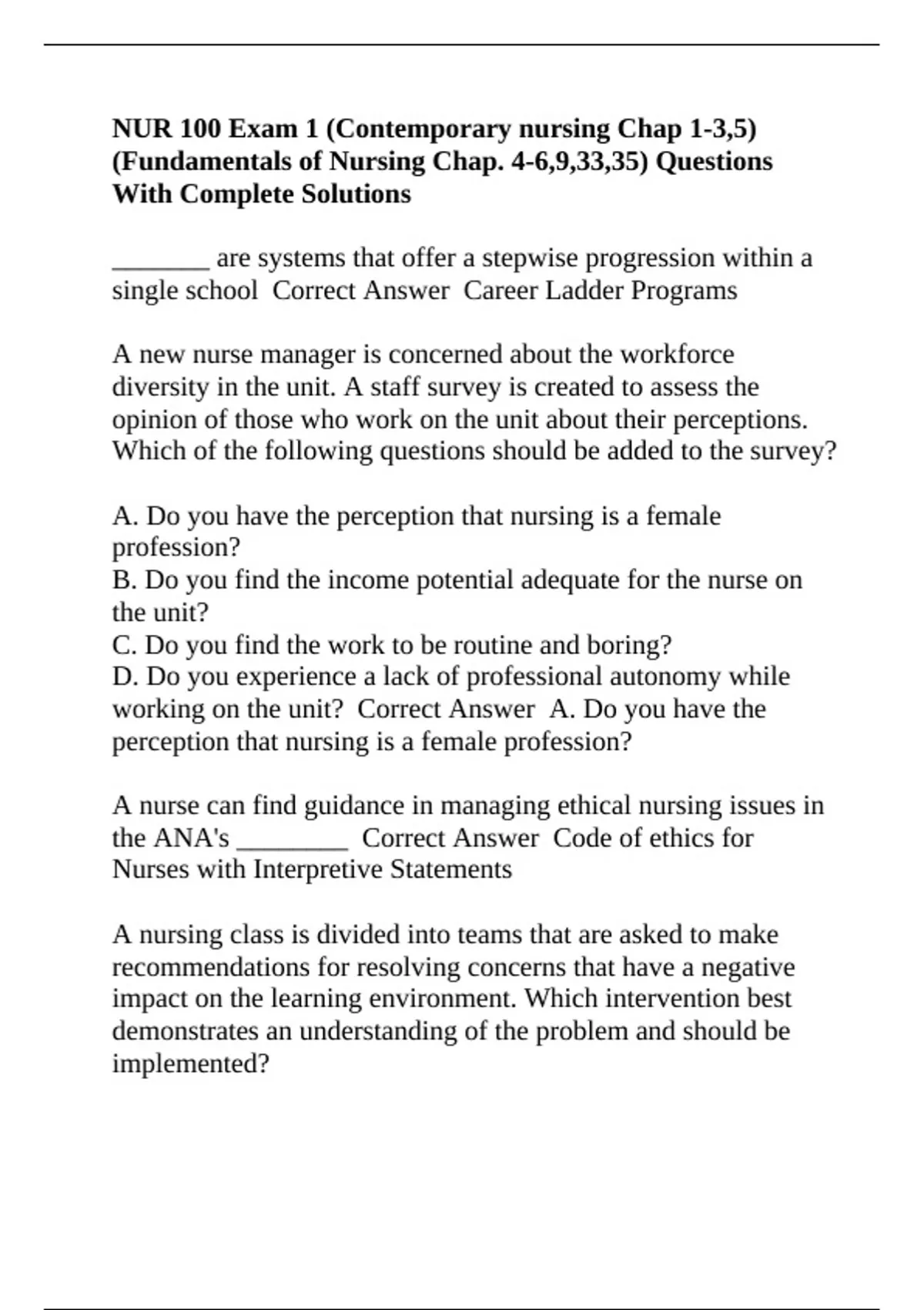 NUR 100 Exam 1 (Contemporary nursing Chap 1-3,5)(Fundamentals of ...