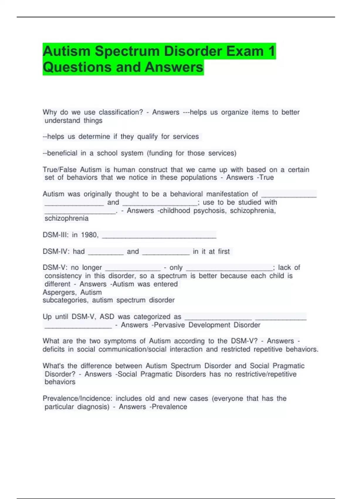 Autism Spectrum Disorder Exam 1 Questions and Answers - Autism Spectrum ...