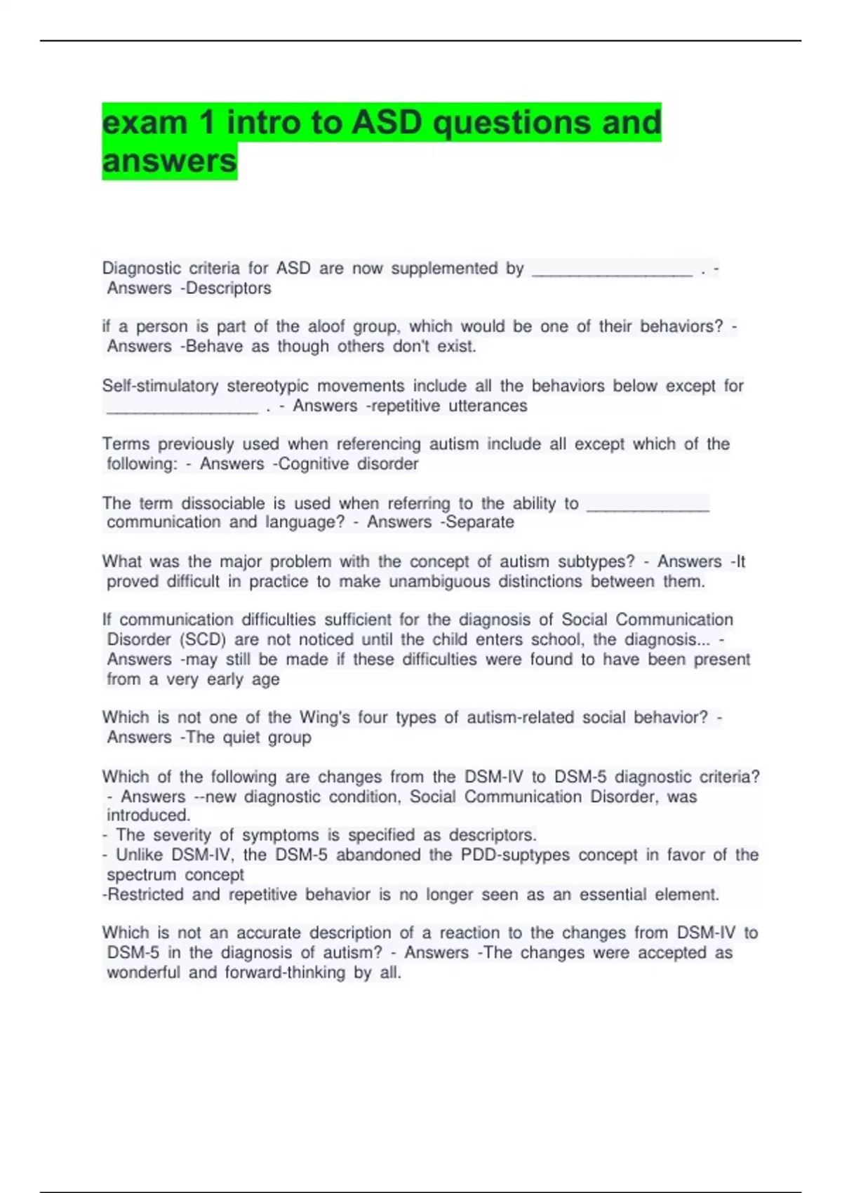 exam 1 intro to ASD questions and answers - Autism Spectrum Disorders ...