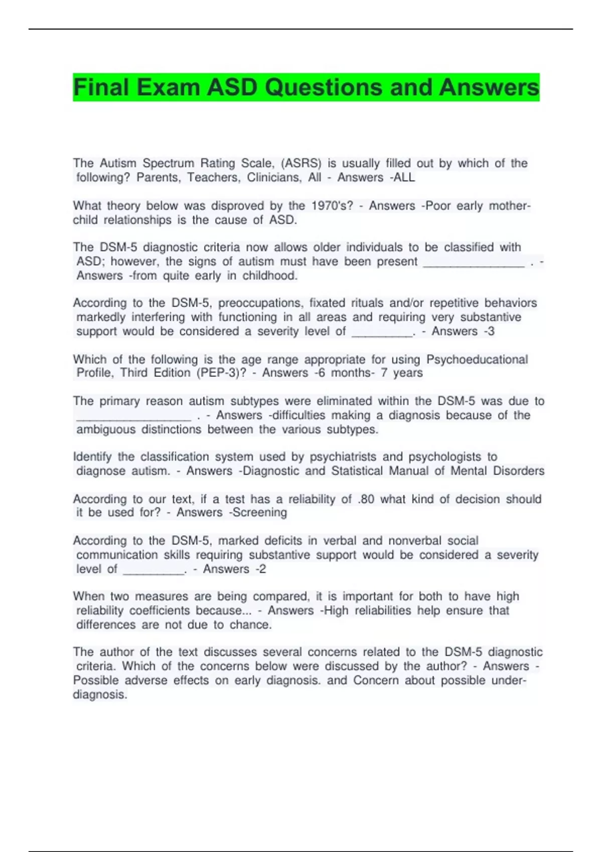 Final Exam ASD Questions and Answers - Autism Spectrum Disorders ...