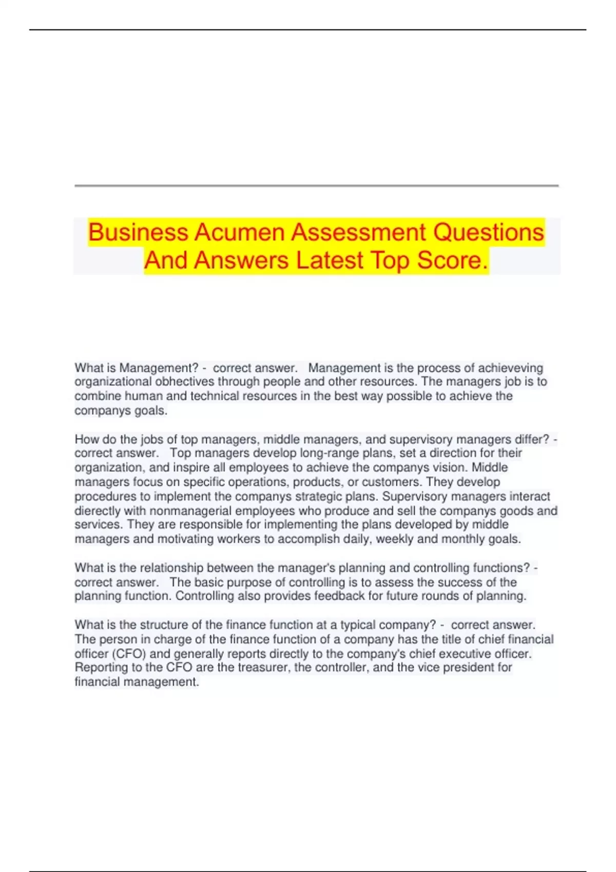 Business Acumen Assessment Questions And Answers Latest Top Score ...