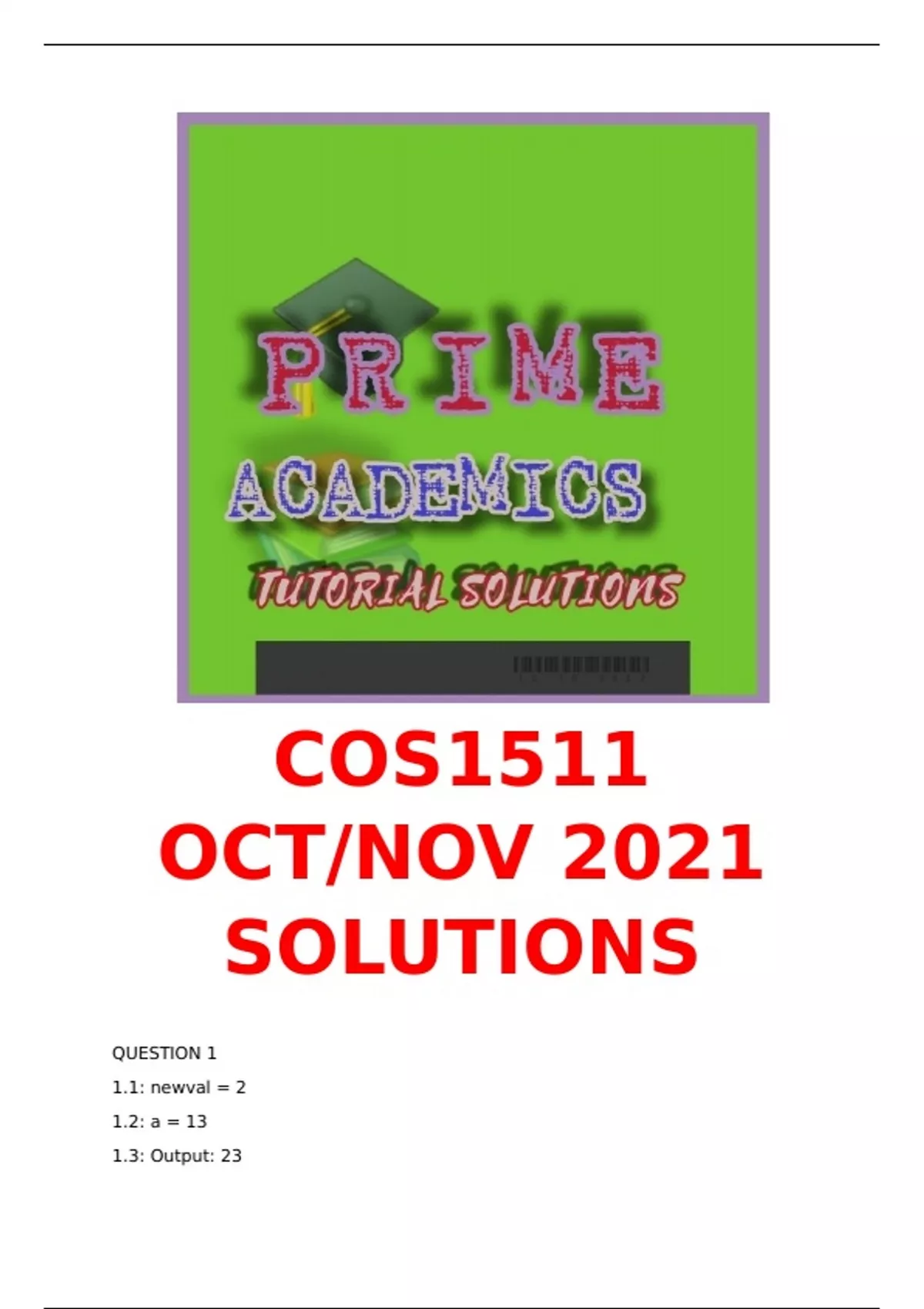 COS1511 OCTOBER 2021 EXAM SOLUTIONS - Introduction to Programming I (COS1511) - Stuvia SA