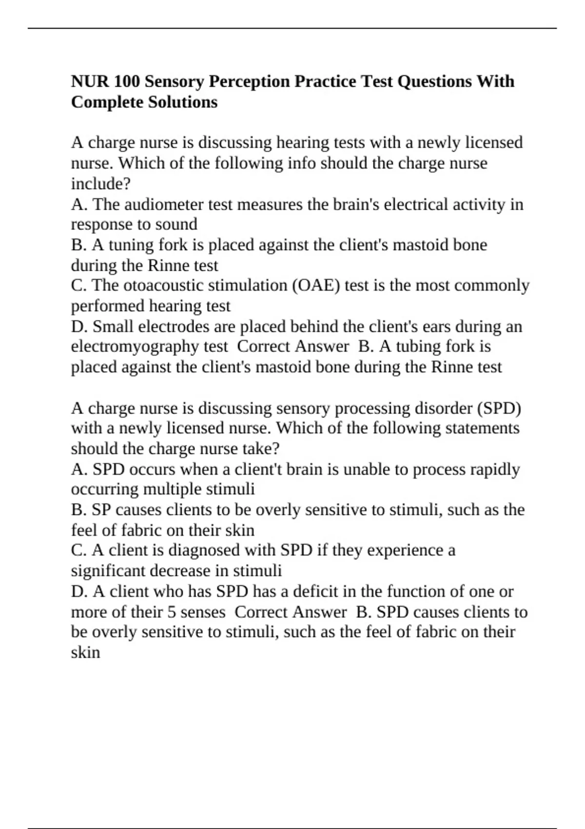 NUR 100 Sensory Perception Practice Test Questions With Complete ...