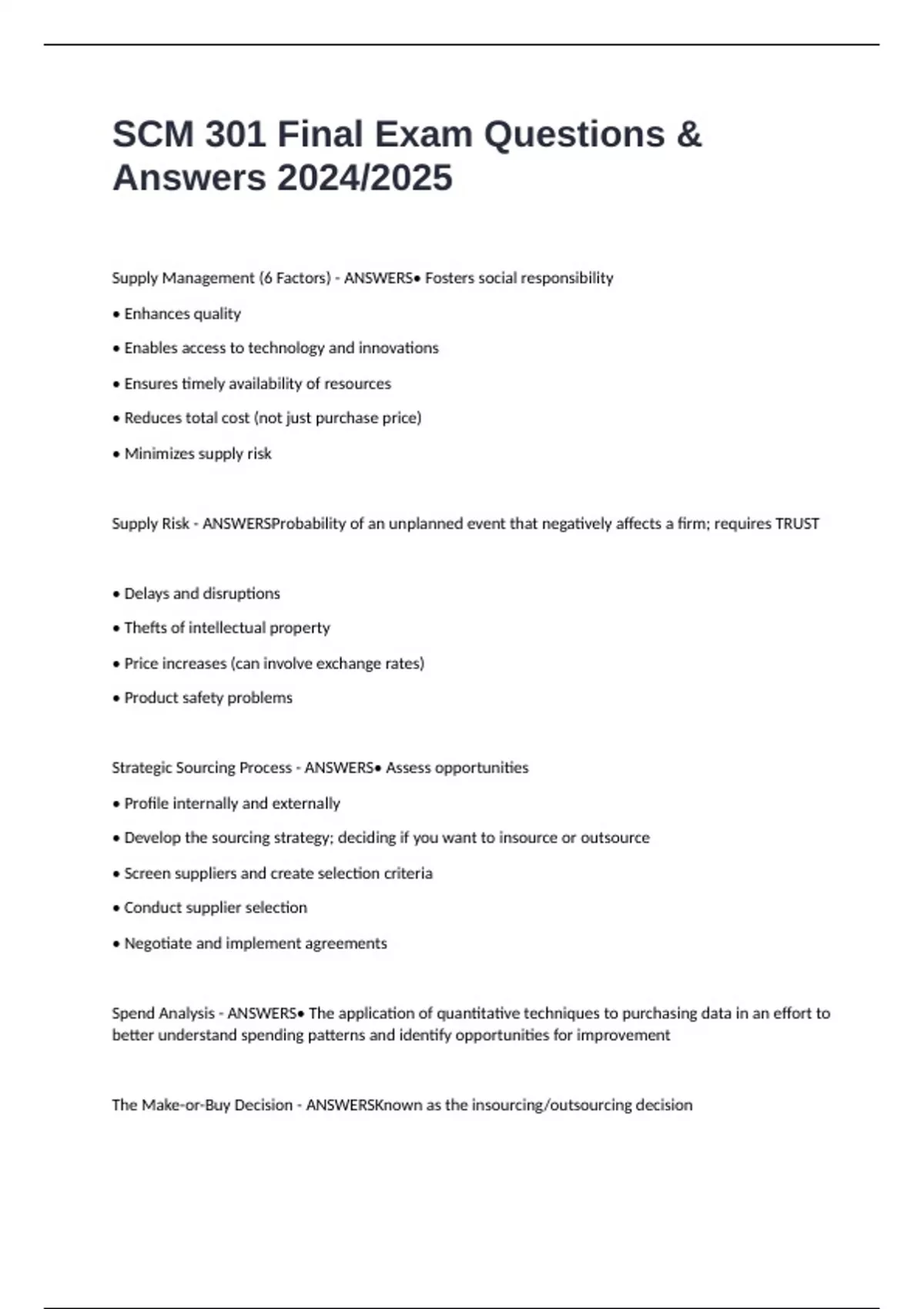SCM 301 Final Exam Questions & Answers 2024/2025 - SCM 301 - Stuvia US