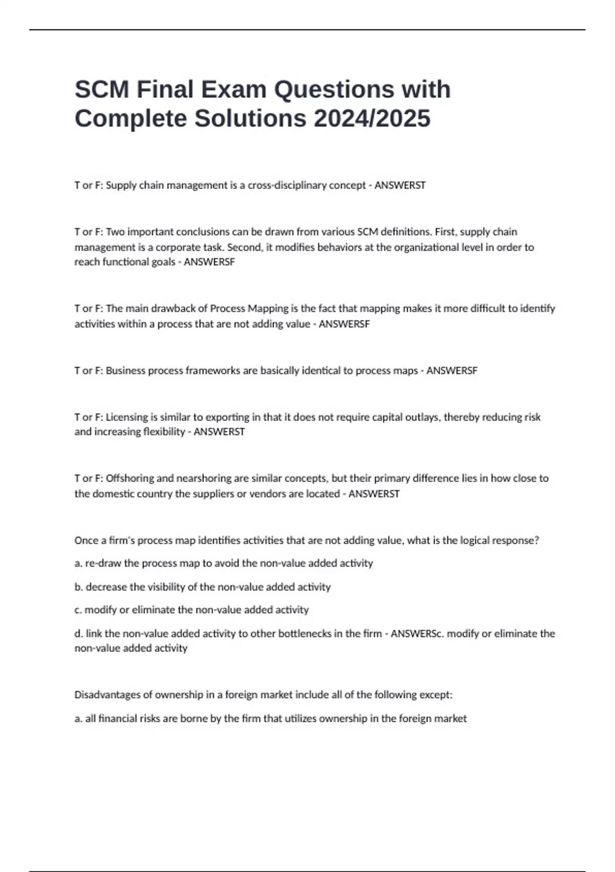 SCM Final Exam Questions with Complete Solutions 2024/2025 - SCM - Stuvia US