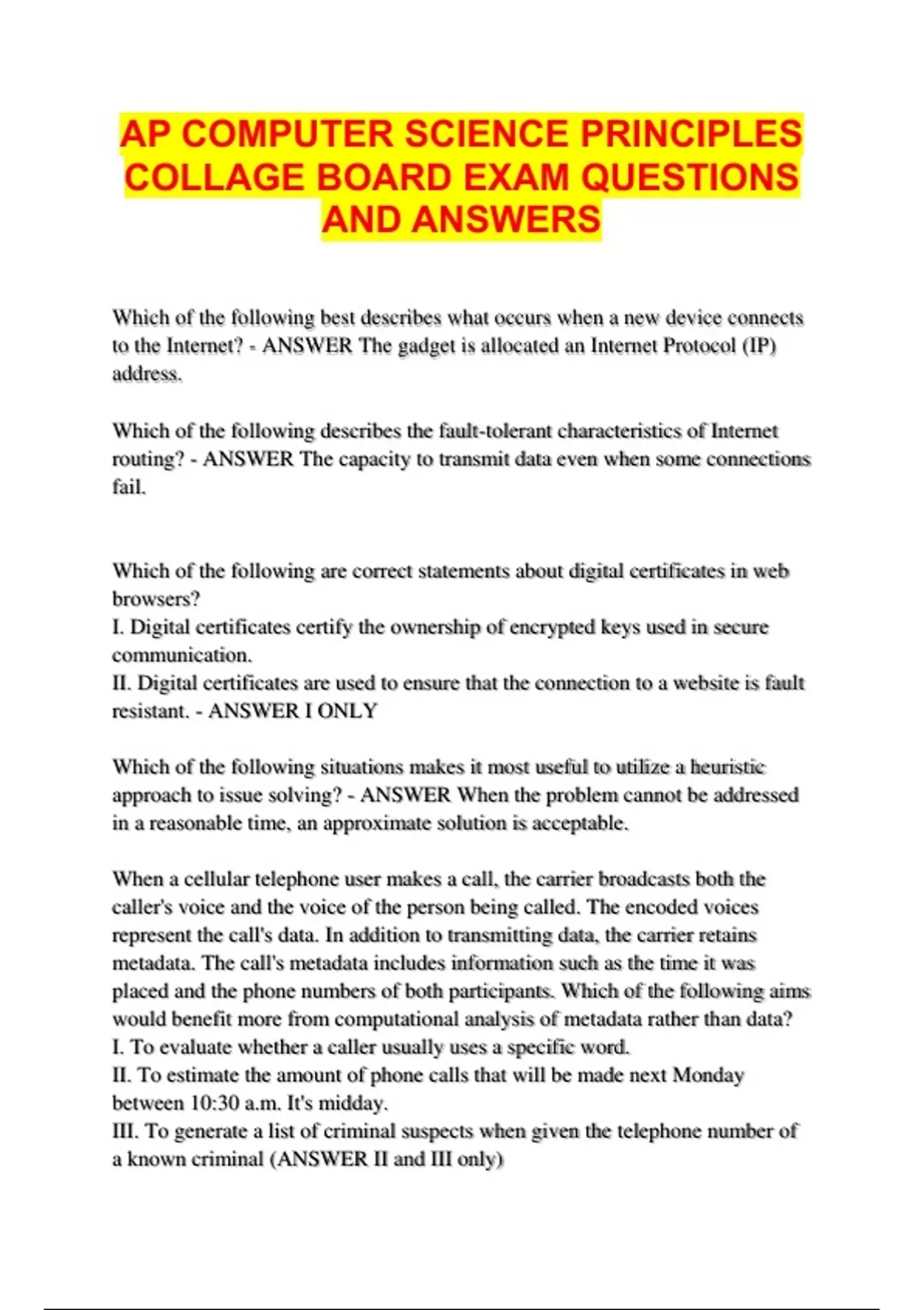 AP COMPUTER SCIENCE PRINCIPLES COLLAGE BOARD EXAM QUESTIONS AND ANSWERS - AP COMPUTER SCIENCE ...