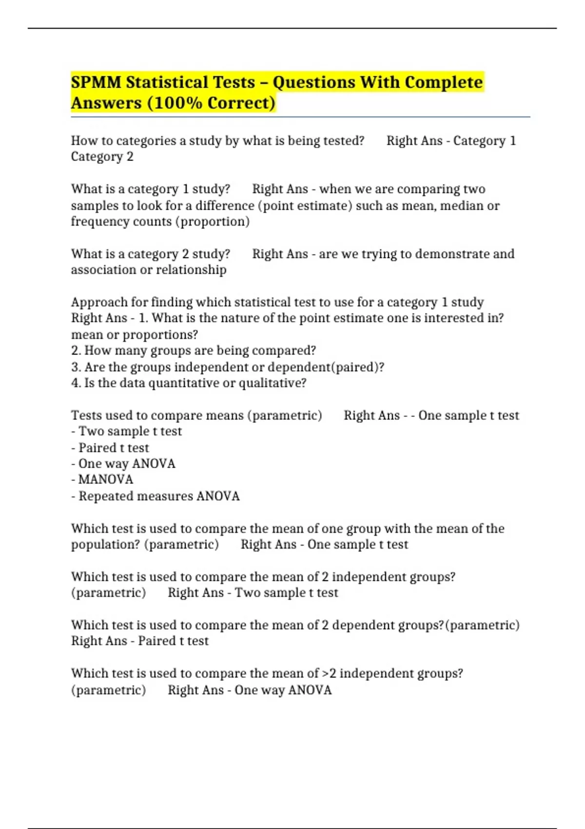 SPMM Statistical Tests – Questions With Complete Answers (100% Correct ...