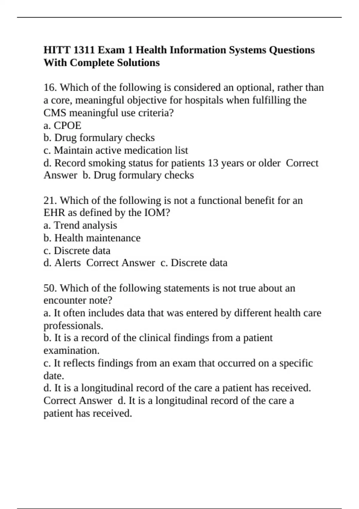 HITT 1311 Exam 1 Health Information Systems Questions With Complete ...