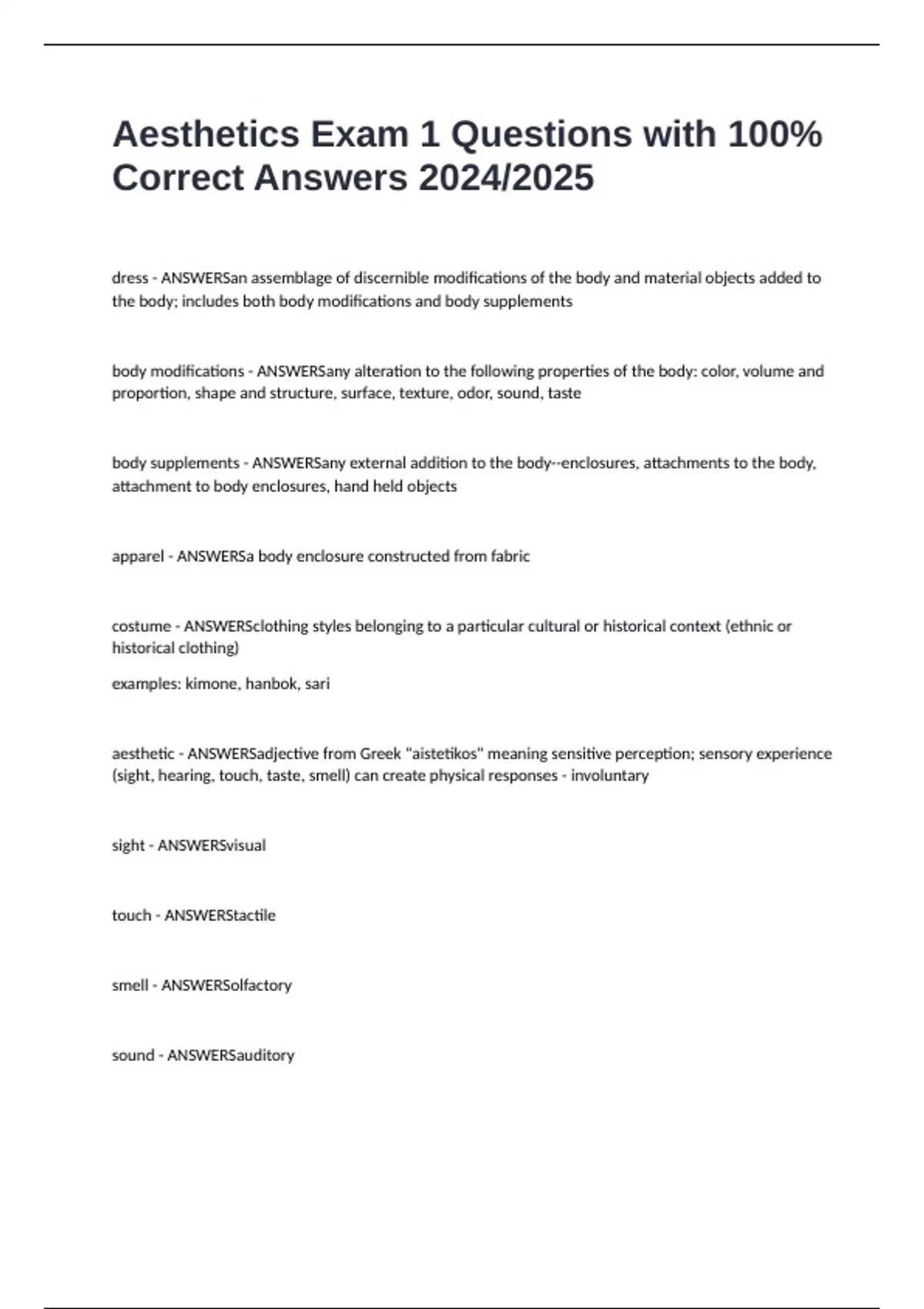 Aesthetics Exam 1 Questions with 100% Correct Answers 2024/2025 ...