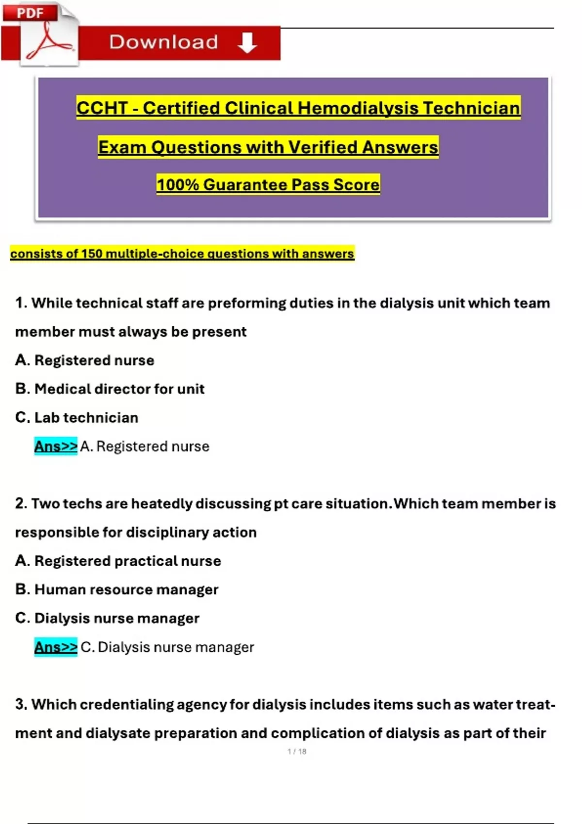 CCHT Test Questions and Verified Answers (2024 / 2025), 100% Guarantee ...