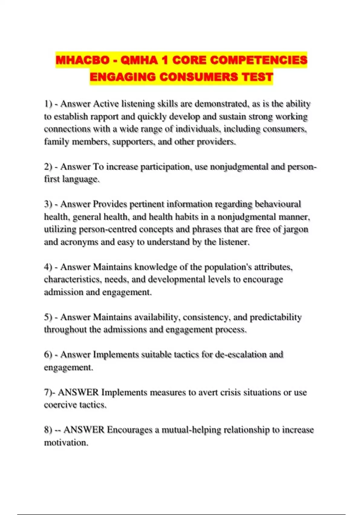 MHACBO - QMHA 1 CORE COMPETENCIES ENGAGING CONSUMERS TEST - MHACBO ...
