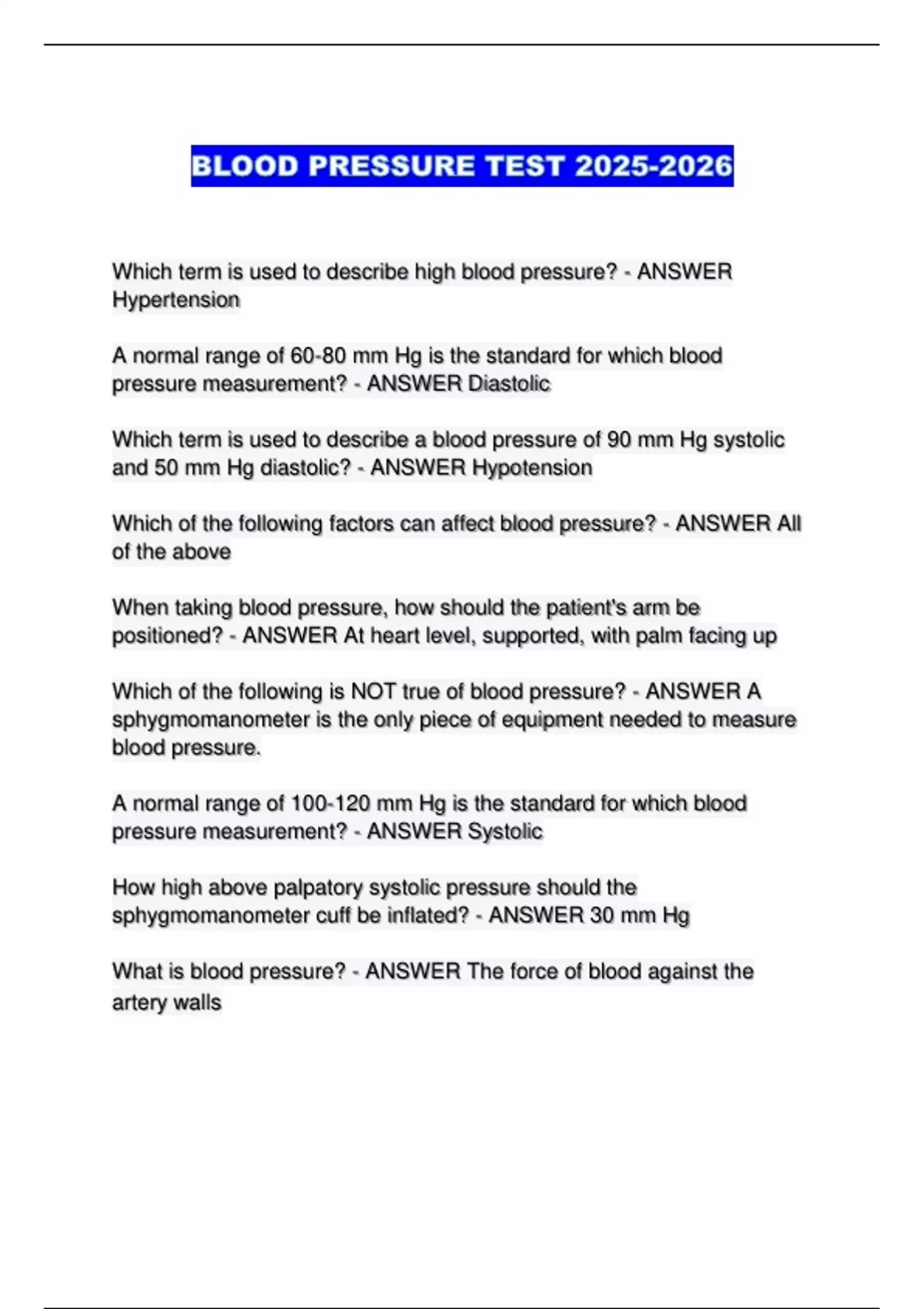 BLOOD PRESSURE TEST - BLOOD PRESSURE - Stuvia US