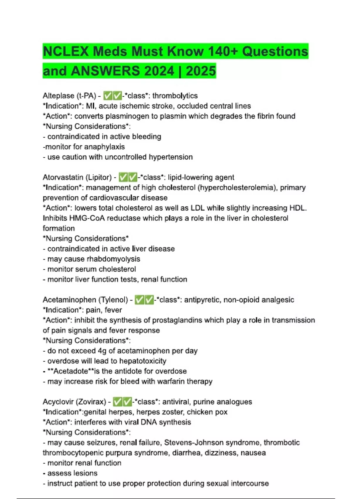 NCLEX Meds Must Know 140+ Questions and ANSWERS 2024 _ 2025. - NCLEX RN ...