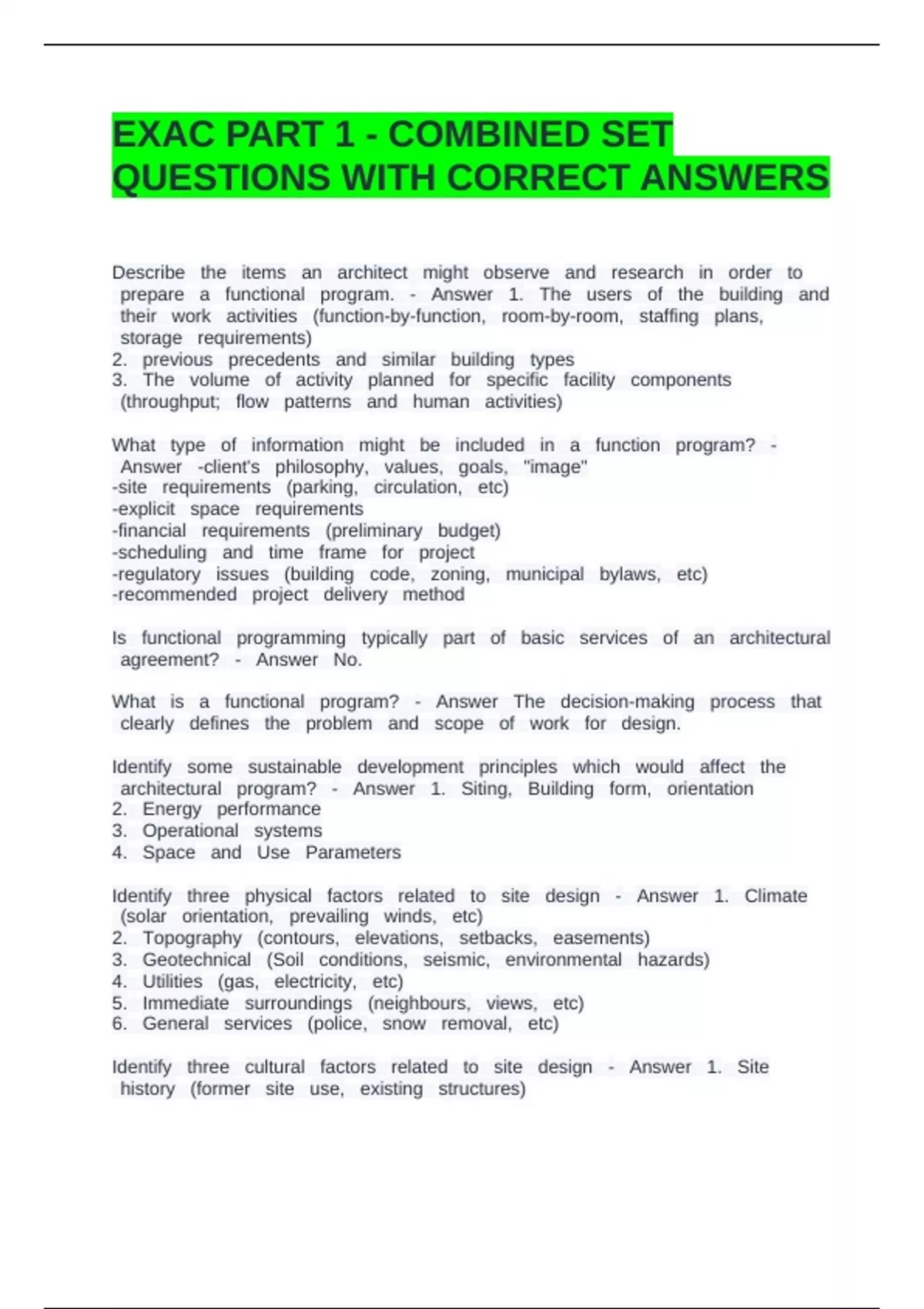 EXAC PART 1 - COMBINED SET QUESTIONS WITH CORRECT ANSWERS - EXAC ...