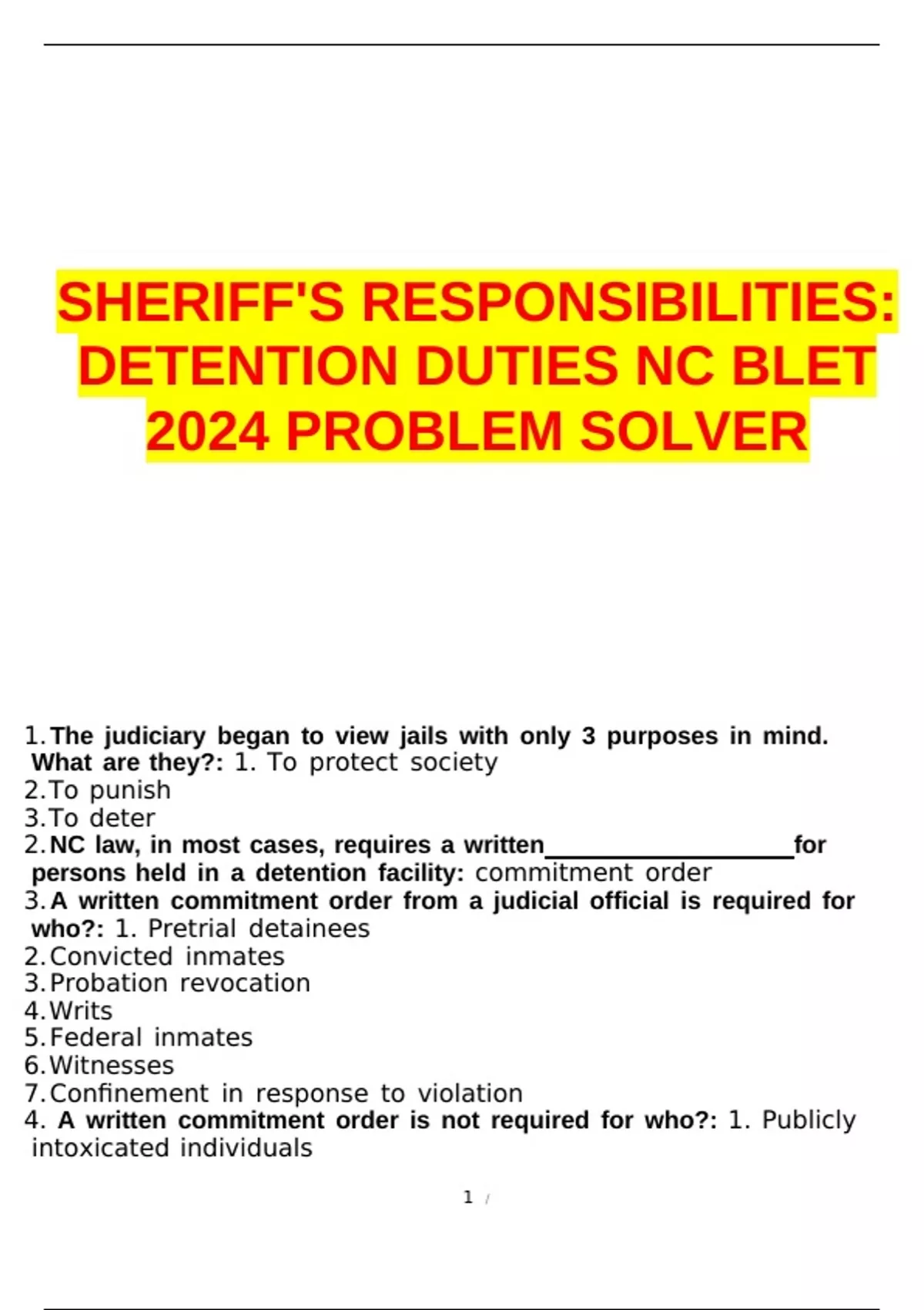 SHERIFF-S RESPONSIBILITIES DETENTION DUTIES NC BLET 2024 PROBLEM SOLVER ...