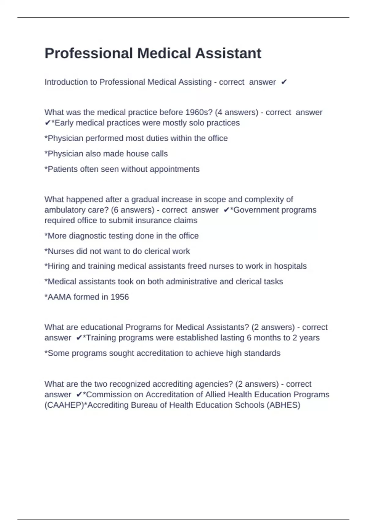 Professional Medical Assistant Questions with complete solution ...