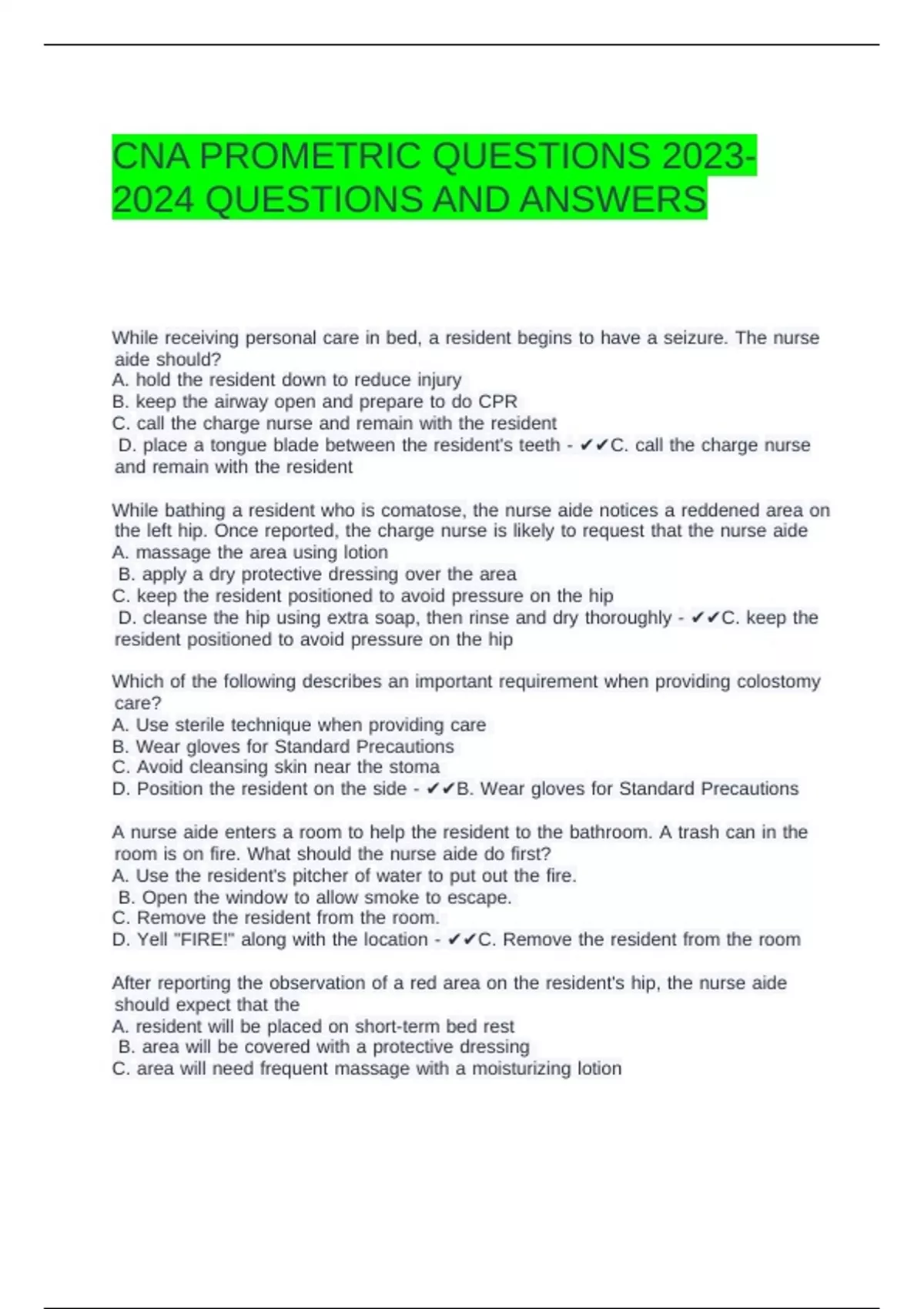 CNA PROMETRIC QUESTIONS QUESTIONS AND ANSWERS. - EPH - Stuvia US