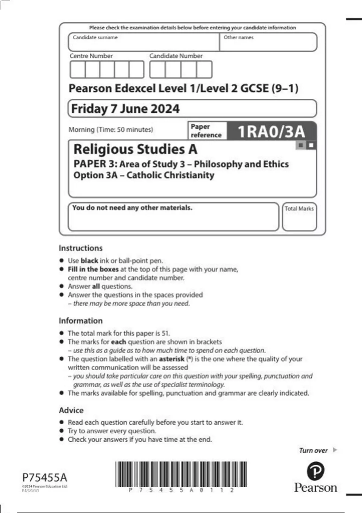 Pearson Edexcel Level 1/Level 2 GCSE Religious Studies A PAPER 3: Area ...