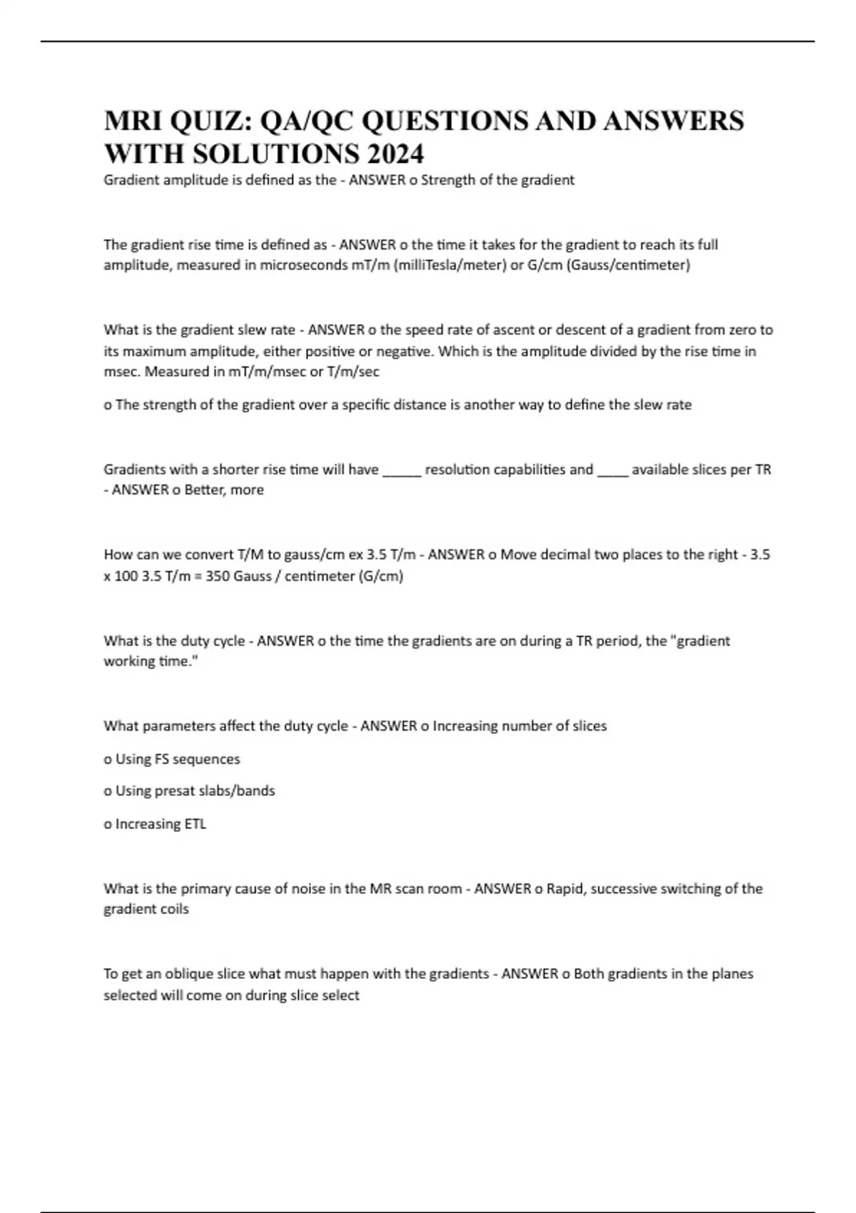 MRI QUIZ: QA/QC QUESTIONS AND ANSWERS WITH SOLUTIONS 2024 - GXMO ...