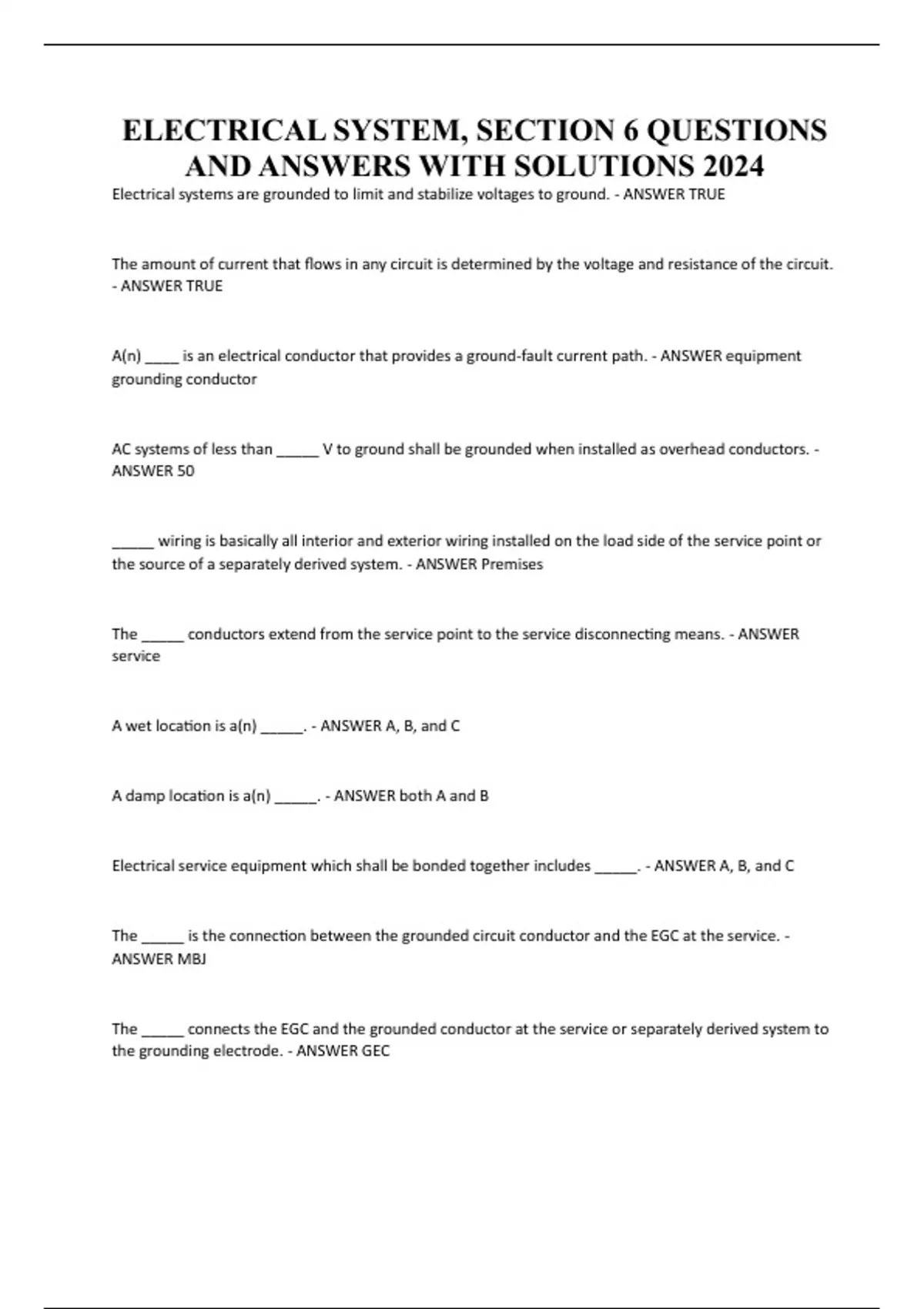 ELECTRICAL SYSTEM, SECTION 6 QUESTIONS AND ANSWERS WITH SOLUTIONS 2024 ...