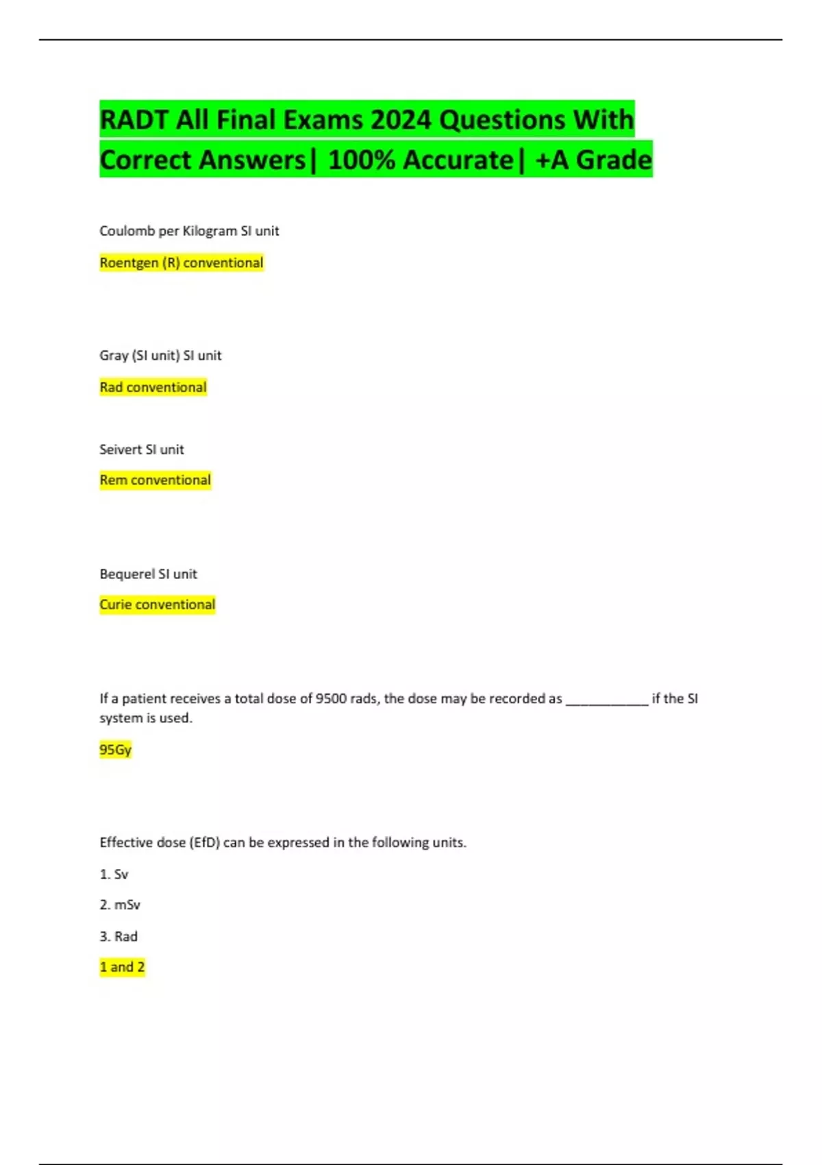 RADT All Final Exams 2024 Questions With Correct Answers| 100% Accurate ...