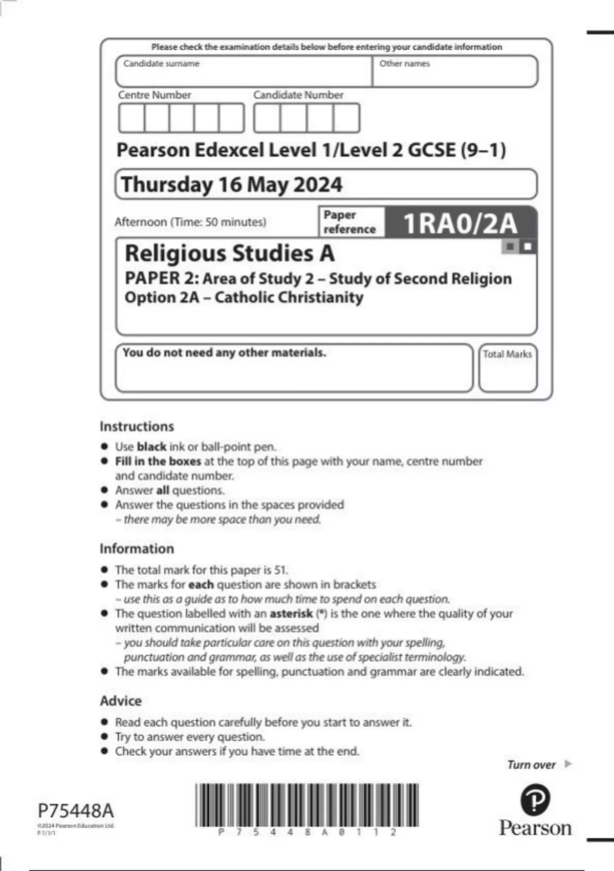 Pearson Edexcel Level 1/Level 2 GCSE Religious Studies A PAPER 2: Area ...