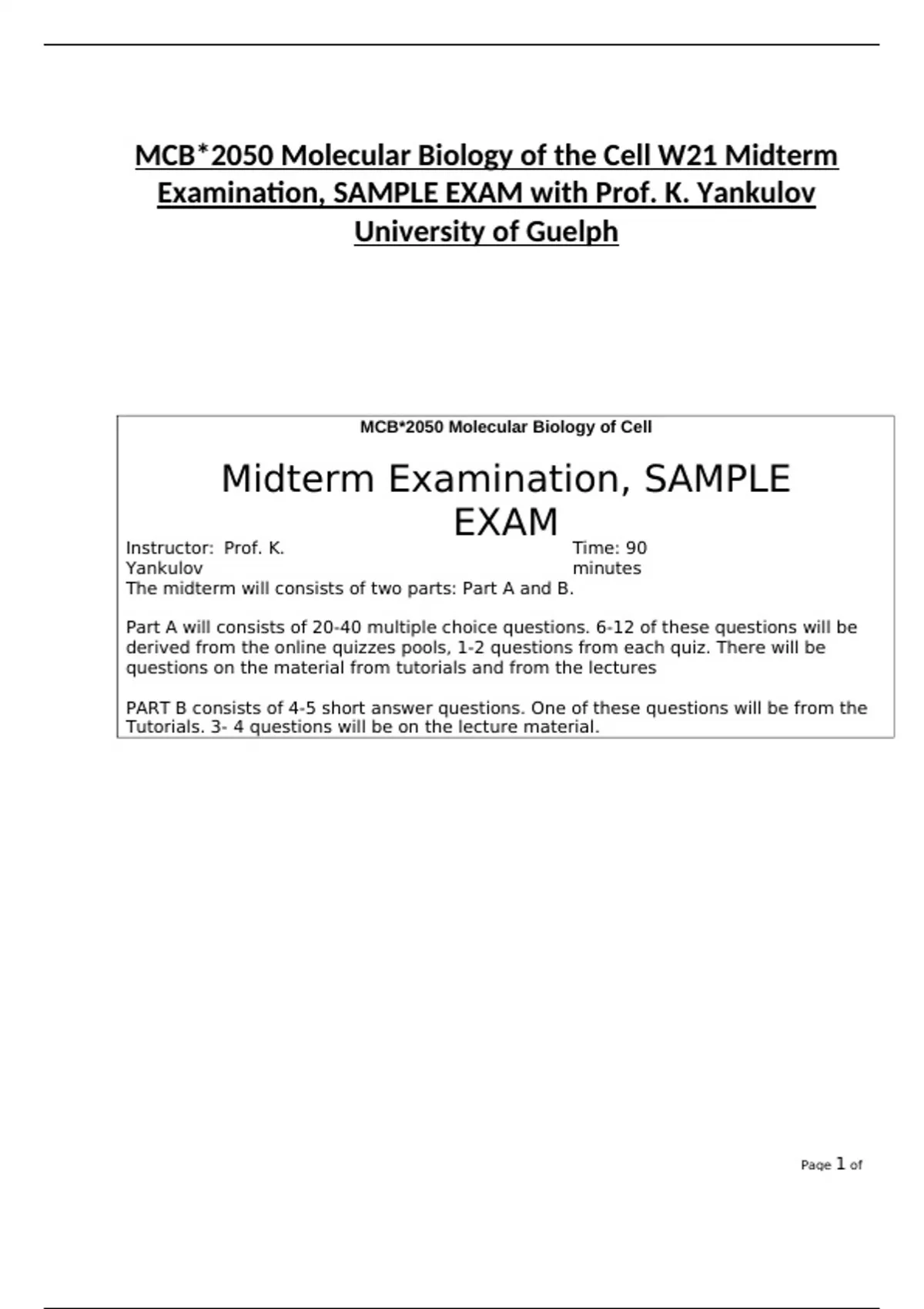 MCB*2050 Molecular Biology of the Cell W21 Midterm Examination, SAMPLE ...