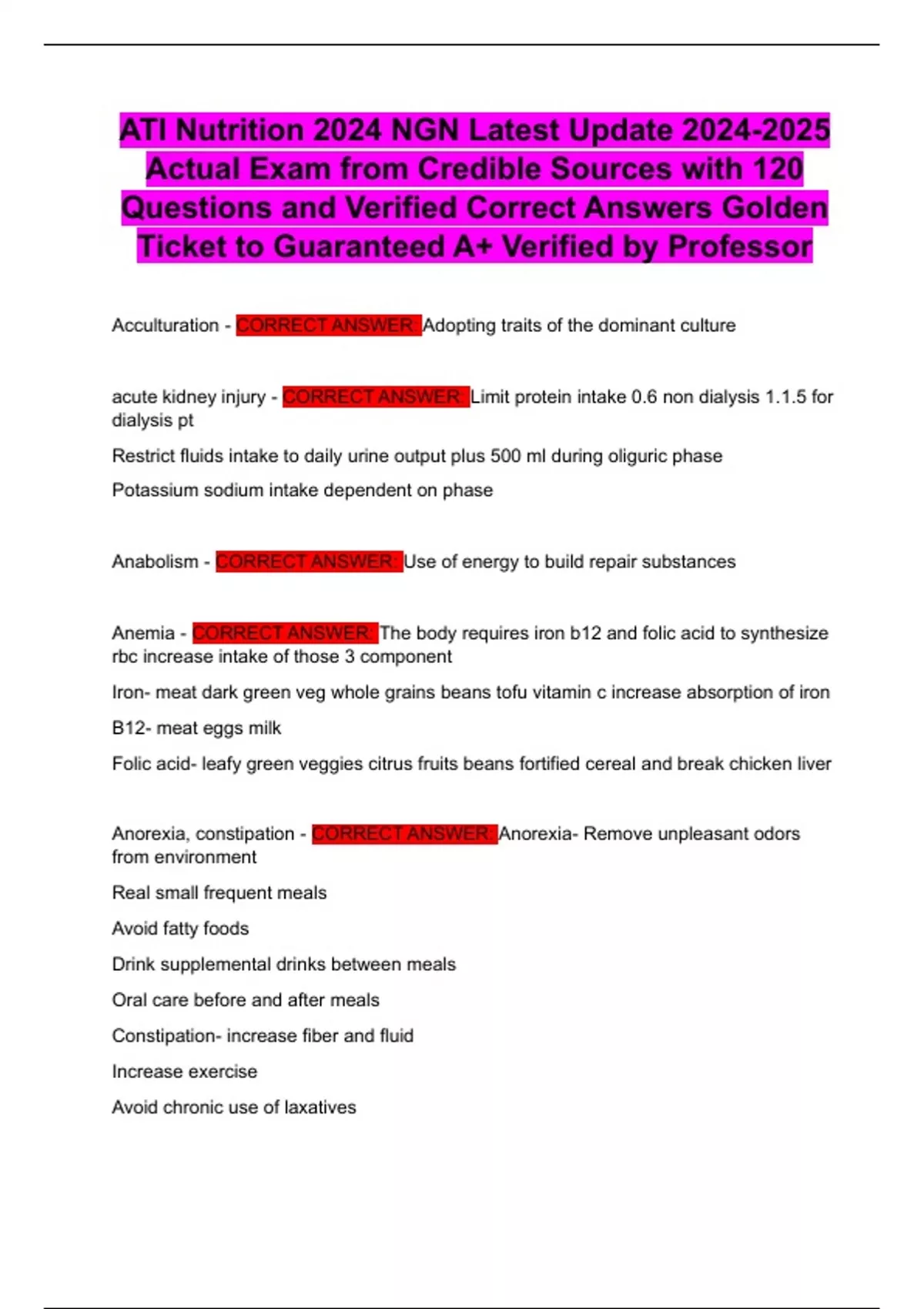 ATI Nutrition 2024 NGN Latest Update Actual Exam from Credible Sources ...