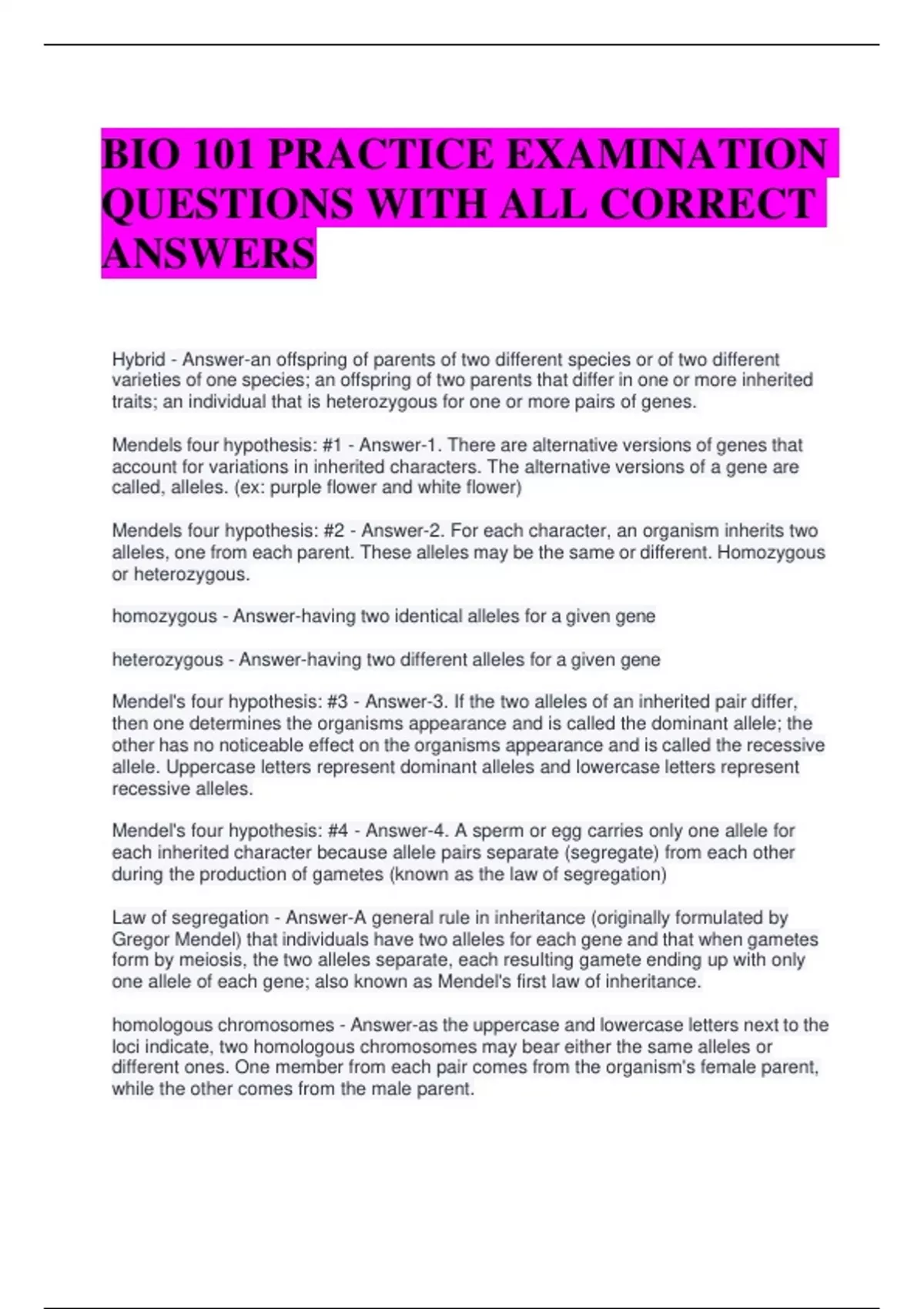 BIO 101 PRACTICE EXAMINATION QUESTIONS WITH ALL CORRECT ANSWERS - BIO 101 - Stuvia US