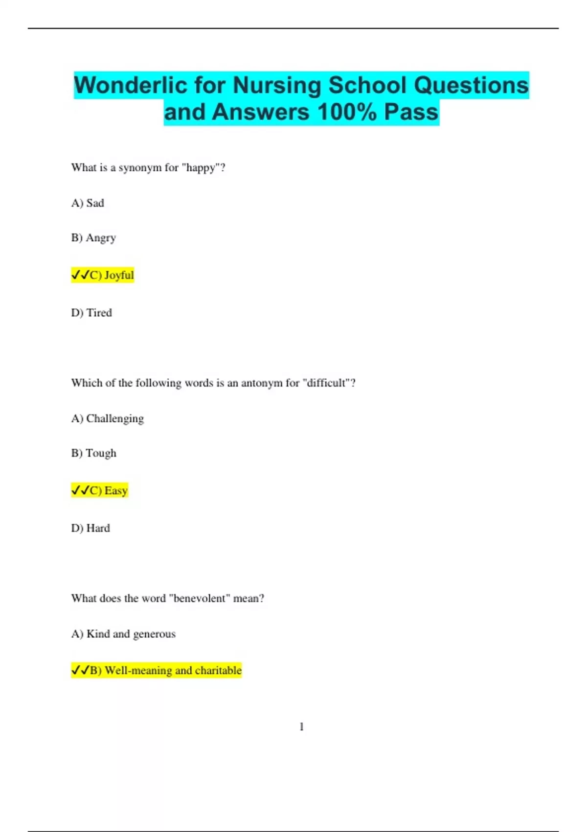 Wonderlic for Nursing School Questions and Answers 100% Pass ...