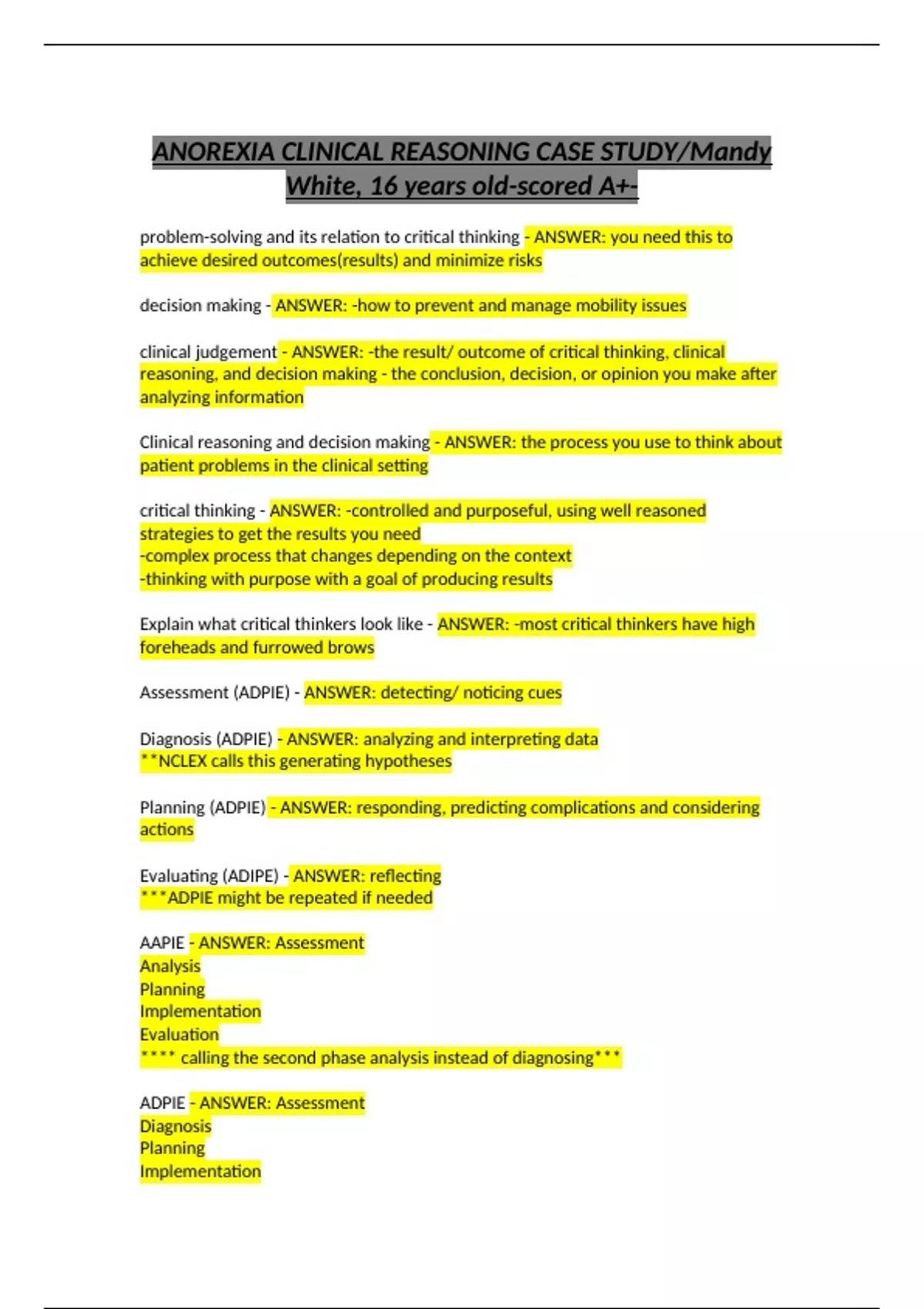 ANOREXIA CLINICAL REASONING CASE STUDY - ANOREXIA CLINICAL REASONING ...