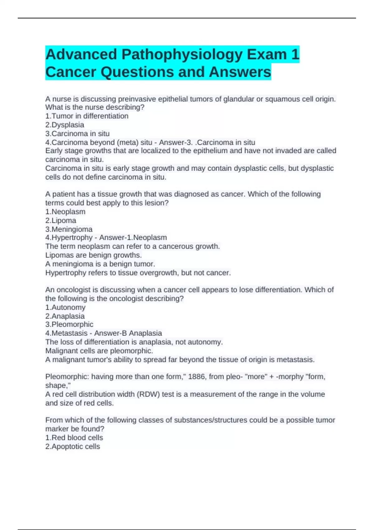 Advanced Pathophysiology Exam 1 Cancer Questions and Answers - CANCER ...