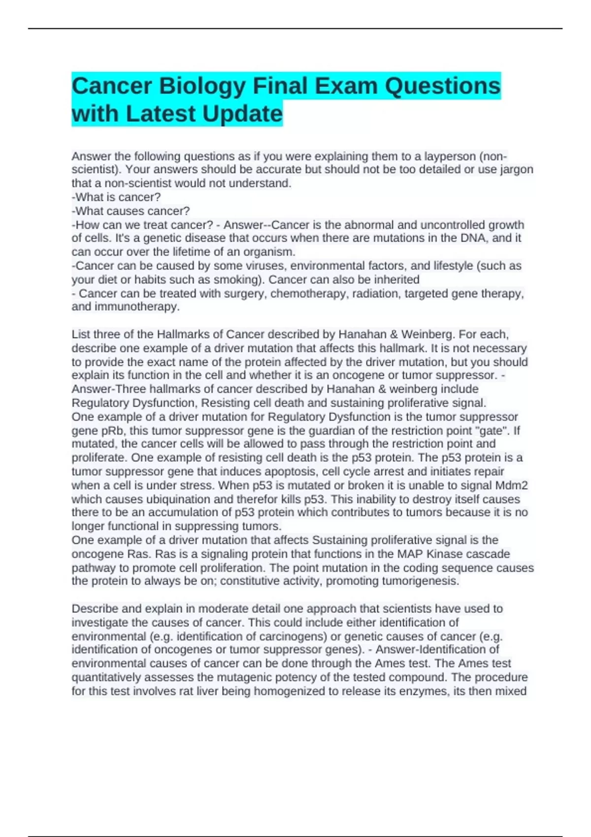 Cancer Biology Final Exam Questions with Latest Update - CANCER - Stuvia US