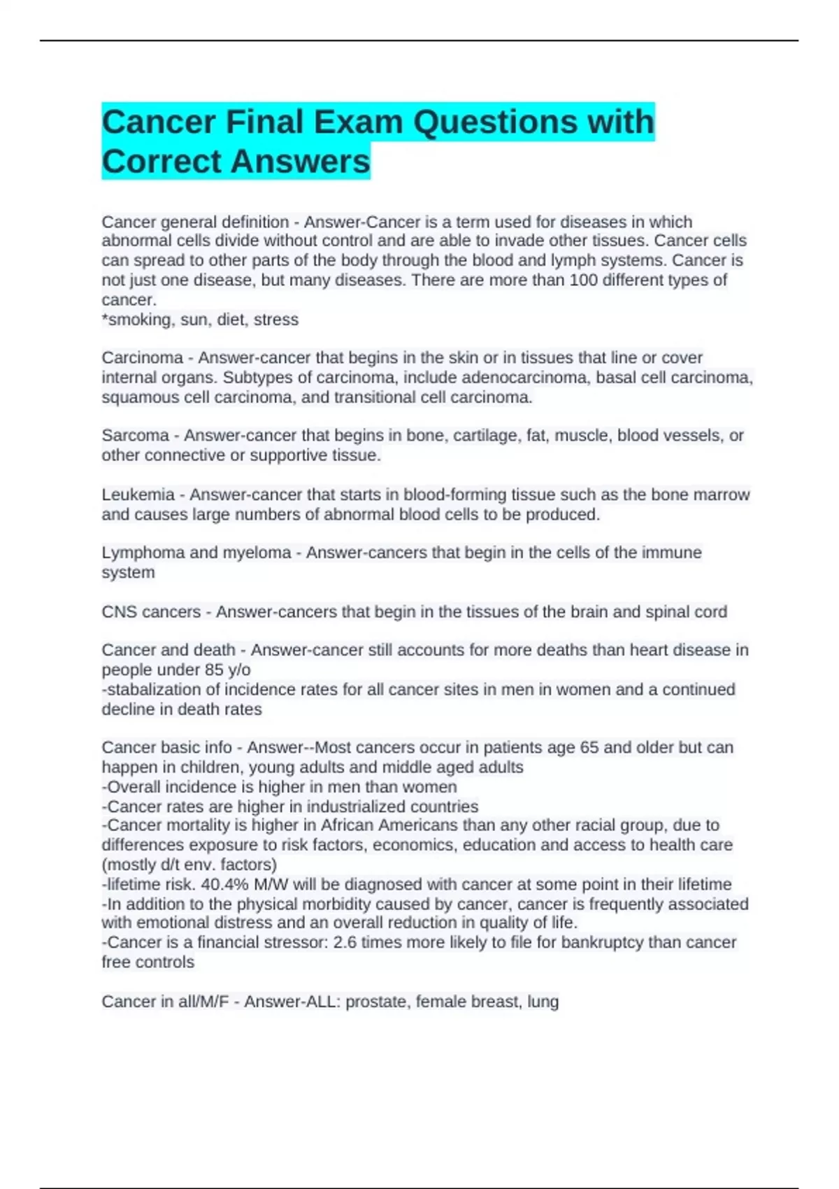 Cancer Final Exam Questions with Correct Answers - CANCER - Stuvia US