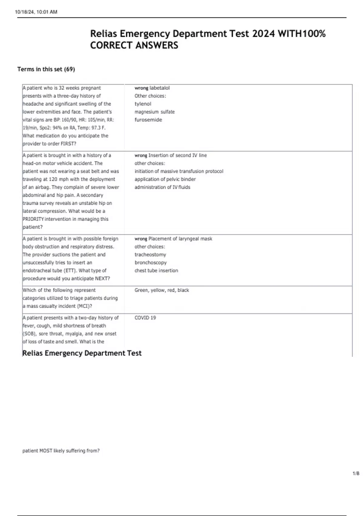 Relias Emergency Department Test 2024 WITH100- CORRECT ANSWERS.Relias ...