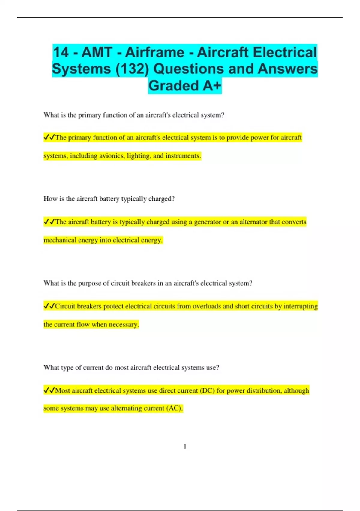 14 - AMT - Airframe - Aircraft Electrical Systems (132) Questions and ...