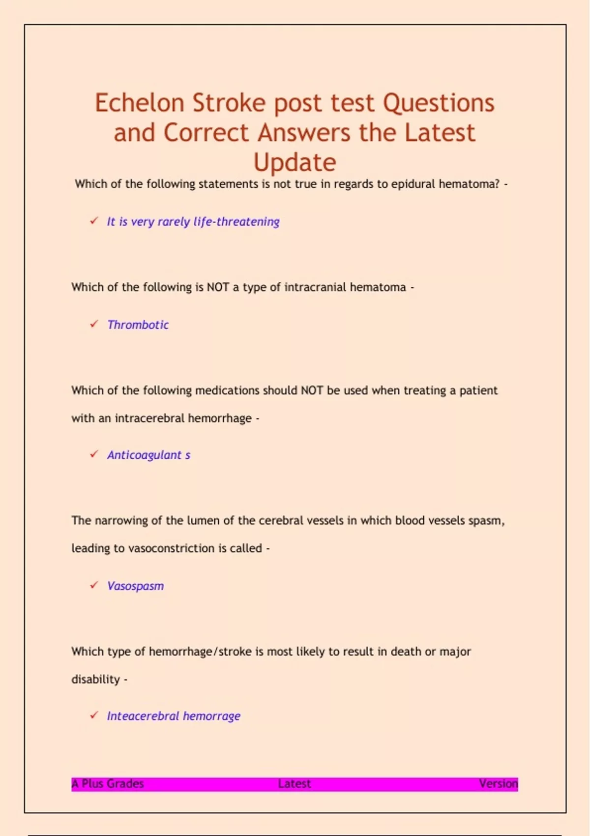 Echelon Stroke post test Questions and Correct Answers the Latest ...