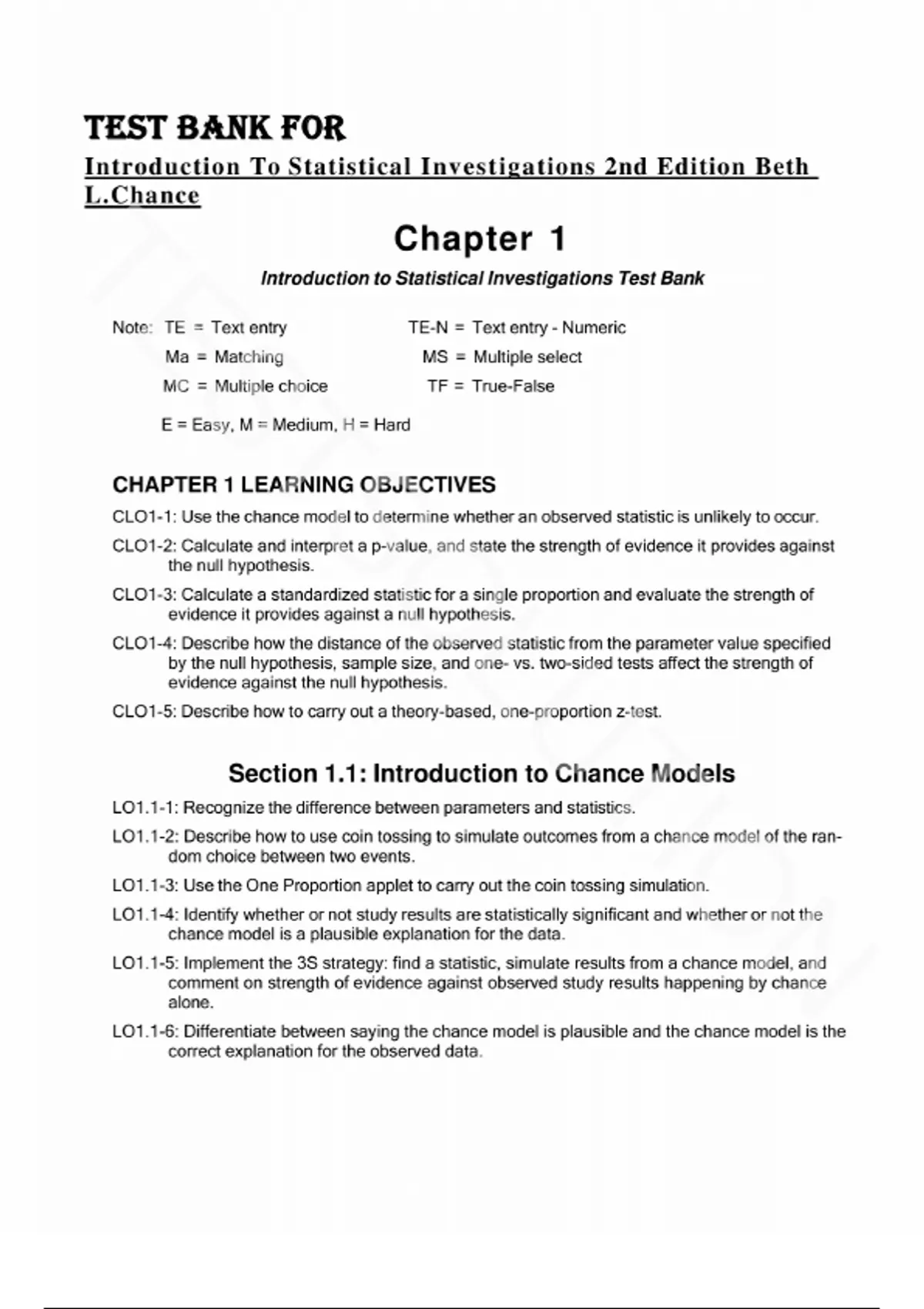 Test Bank for Introduction to Statistical Investigations 2nd Edition by ...