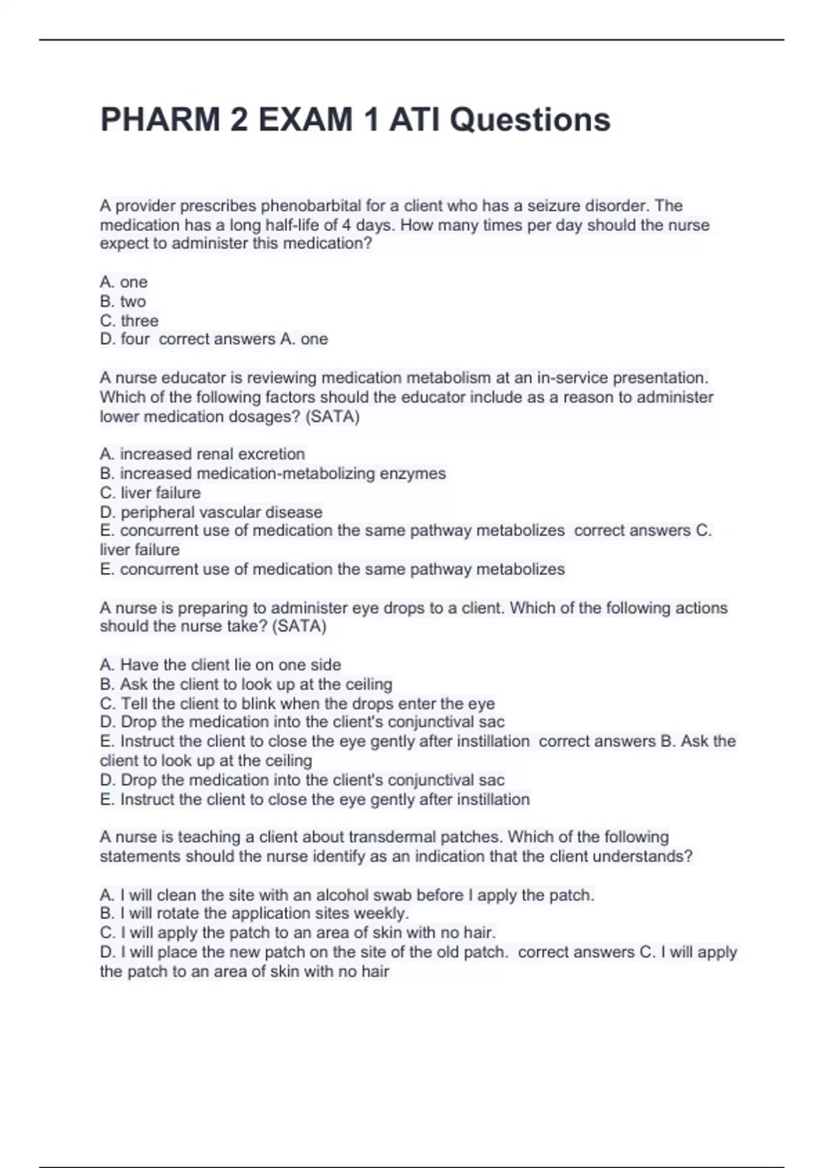 PHARM 2 EXAM 1 ATI Questions WITH CORRECT ANSWERS 2024 - PHARM ATI ...