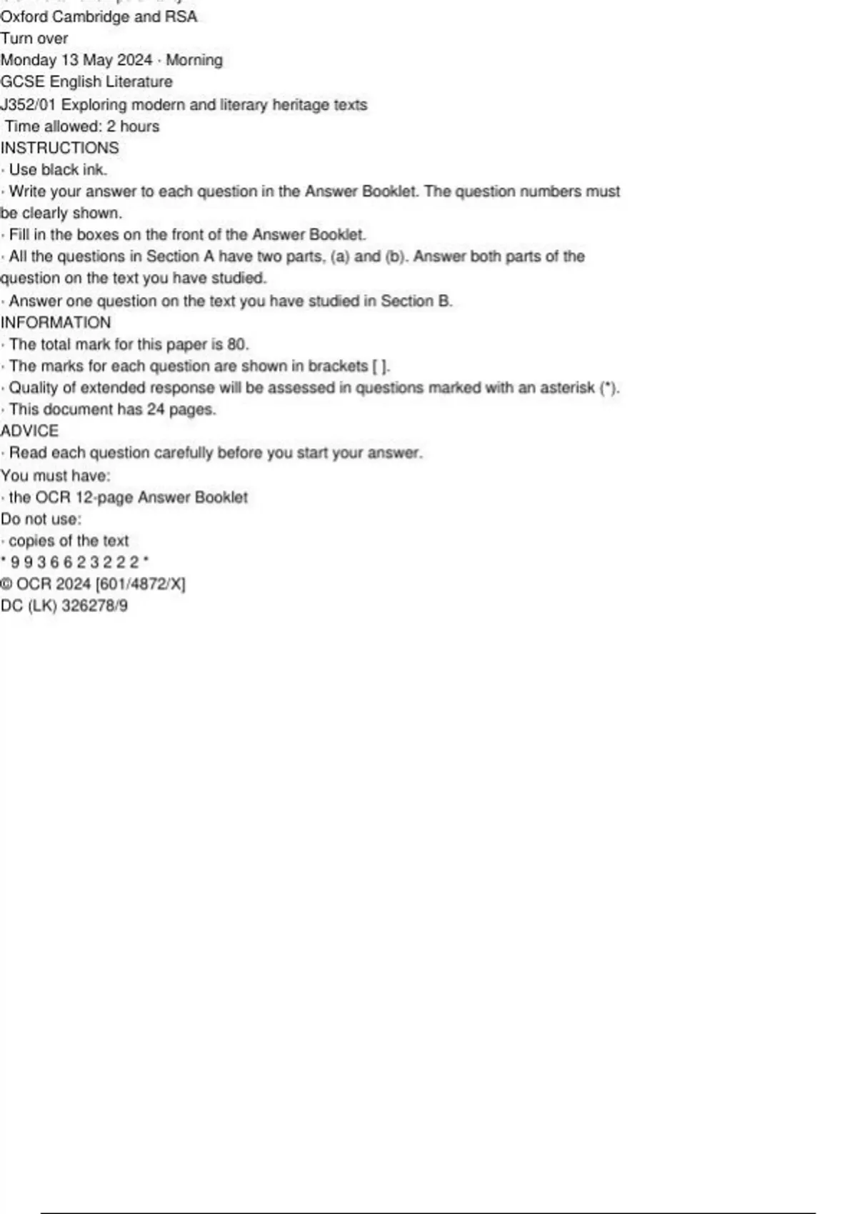 OCR GCSE English Literature J352_01 Exploring modern and literary ...