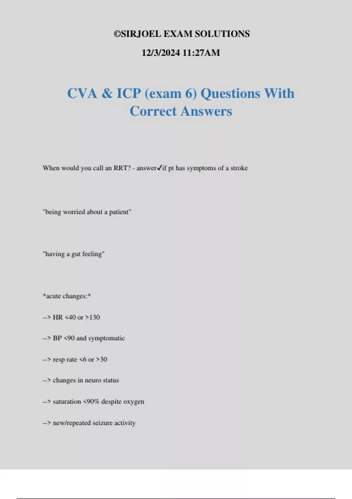CVA & ICP (exam 6) Questions With Correct Answers - Icp - Stuvia US