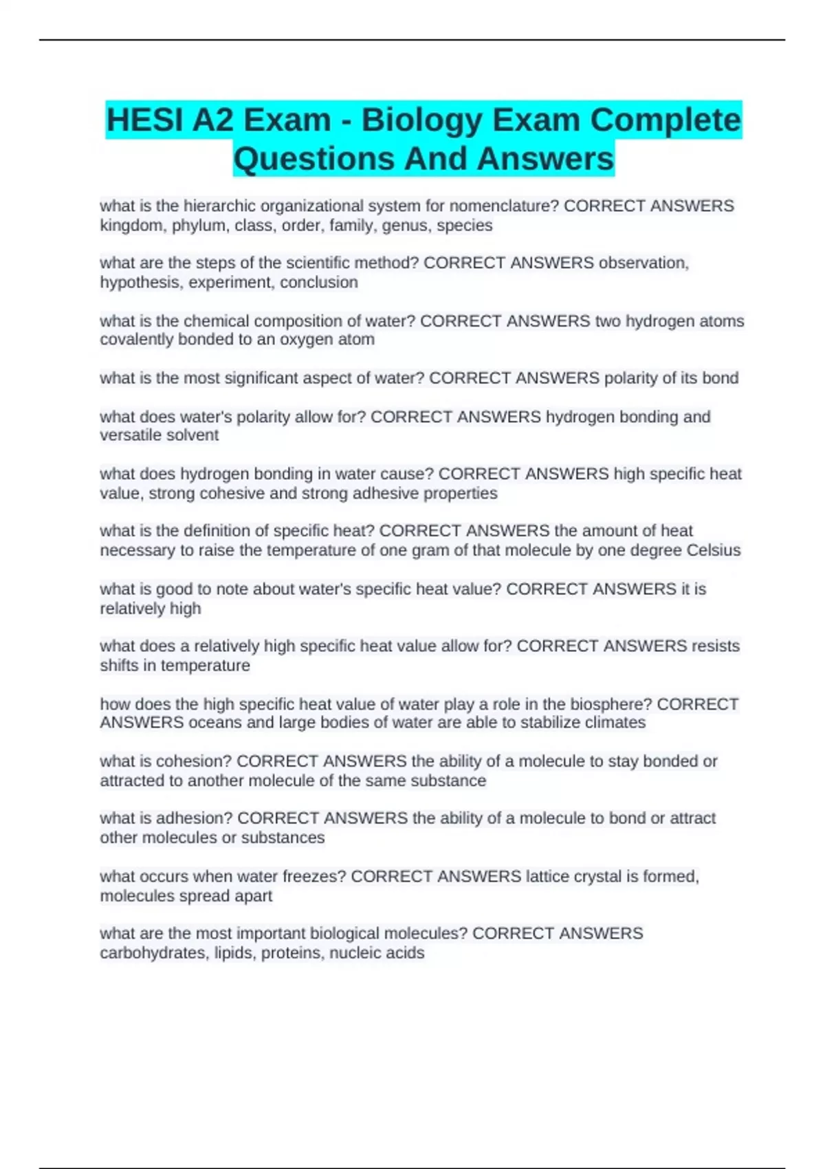 HESI A2 Exam - Biology Exam Complete Questions And Answers - HESI ...