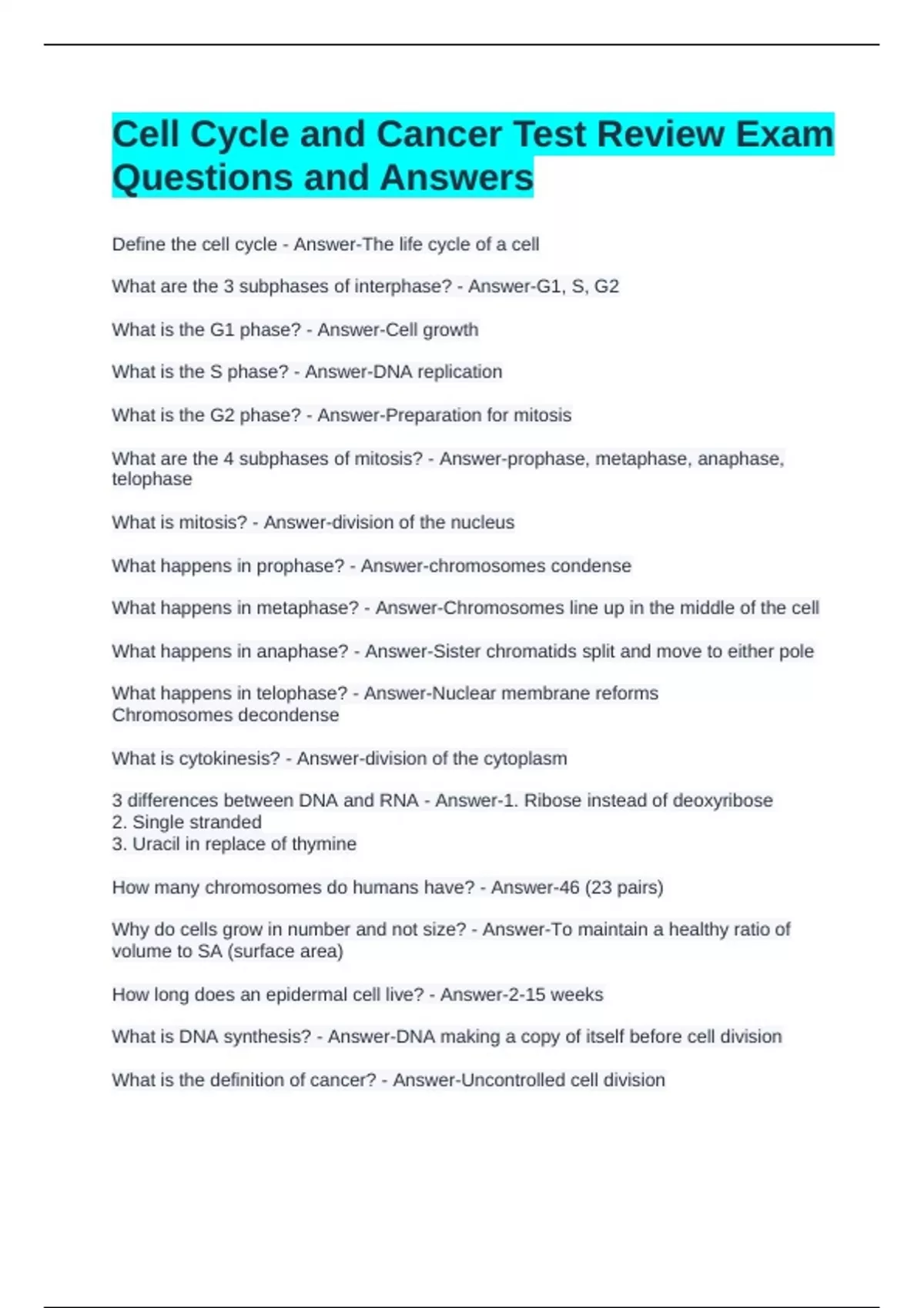 Cell Cycle and Cancer Test Review Exam Questions and Answers - CANCER ...