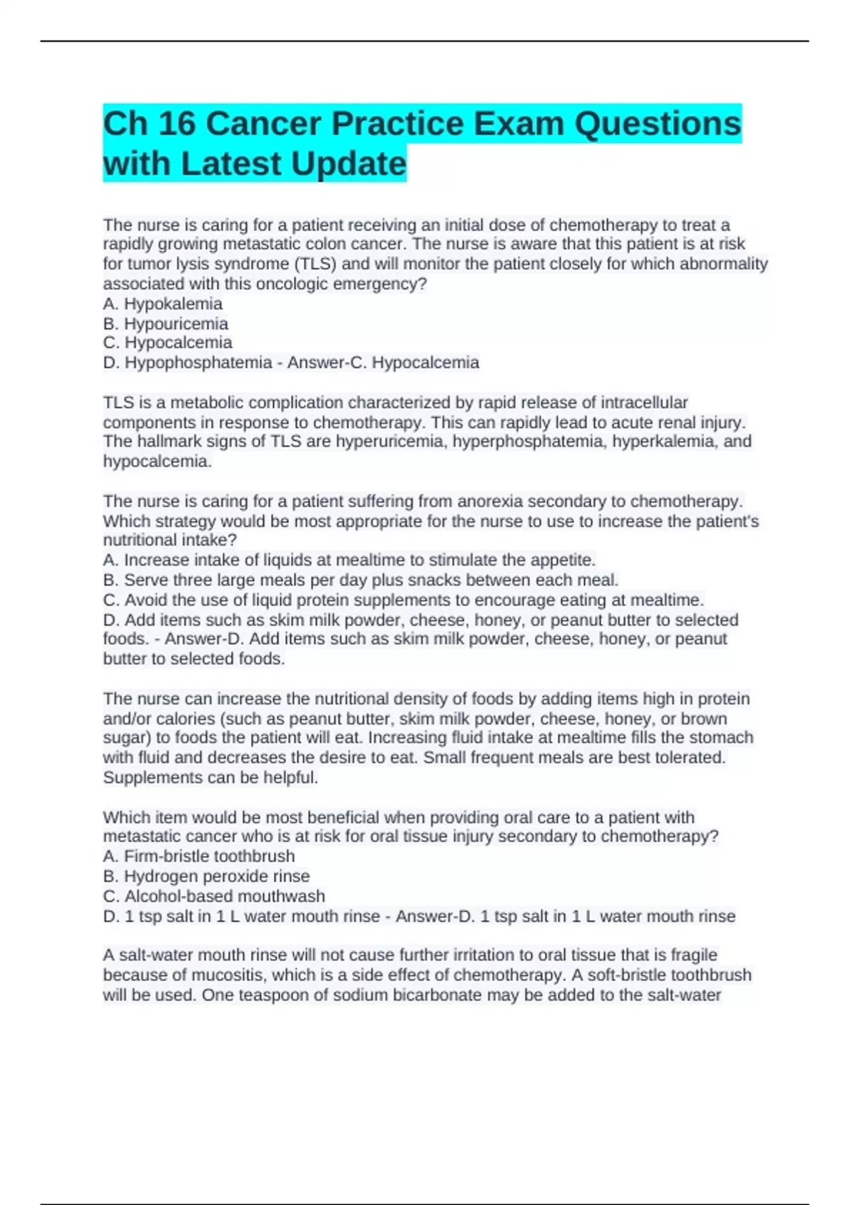 Ch 16 Cancer Practice Exam Questions with Latest Update - CANCER ...