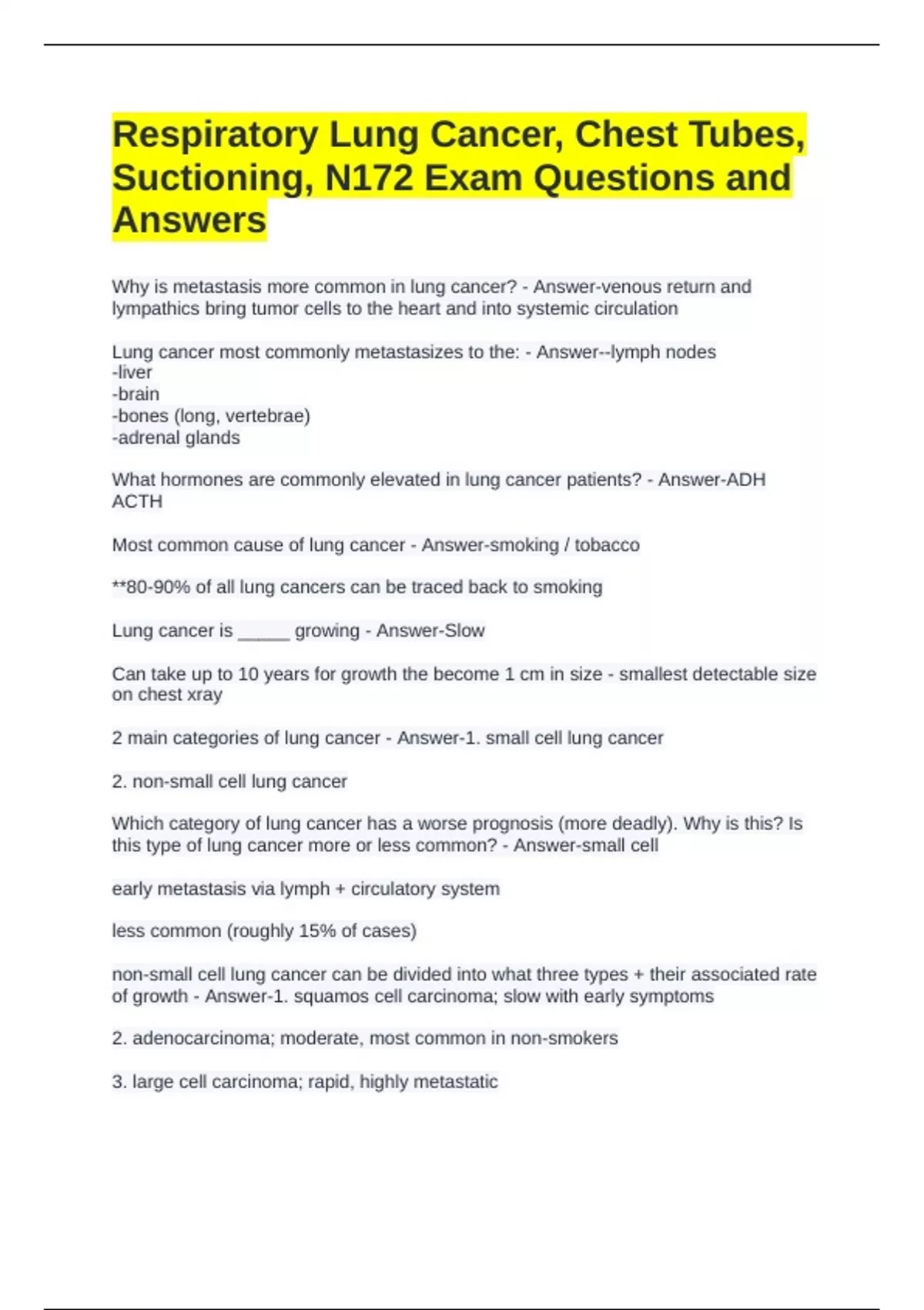 Respiratory Lung Cancer, Chest Tubes, Suctioning, N172 Exam Questions ...