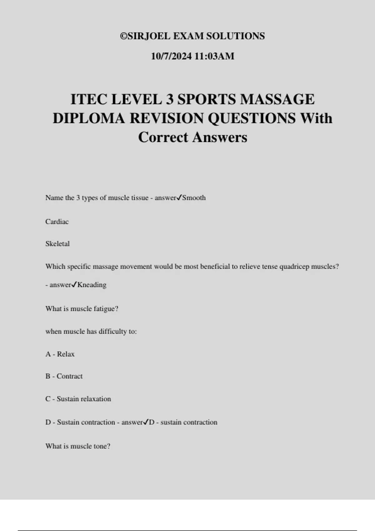 ITEC LEVEL 3 SPORTS MASSAGE DIPLOMA REVISION QUESTIONS With Correct ...